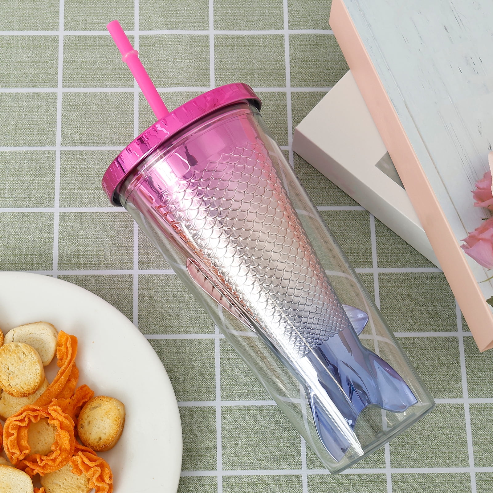 Fvkrnyz ABS Mermaid Tail Tumbler Double Mermaid Tail Straw Cup 350ml ...