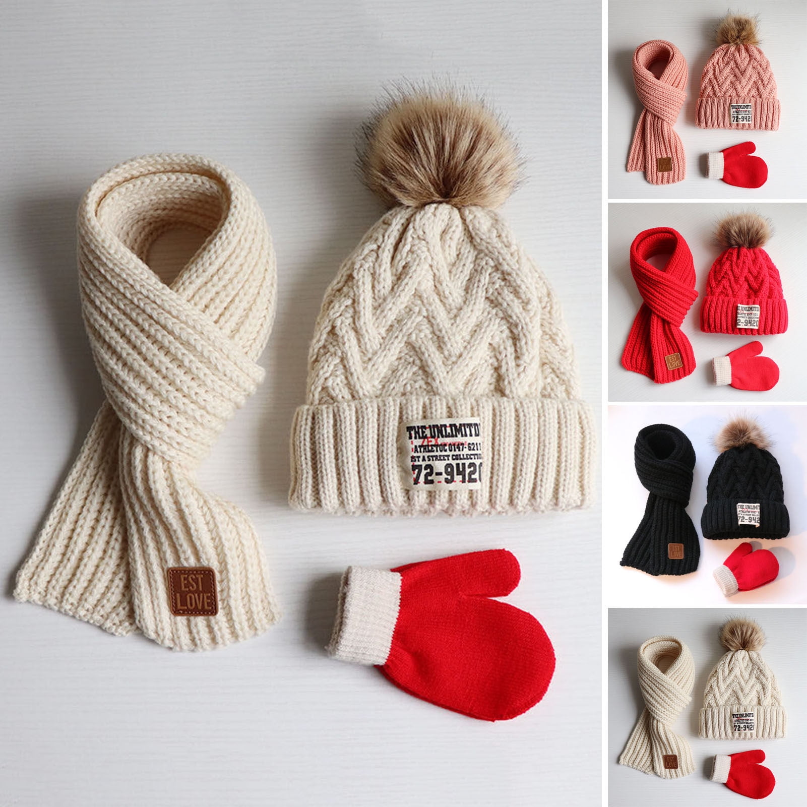 Fvsianol Knitted Hat Scarf Mittens Set Hat Mittens Logo Decor Scarf Set ...