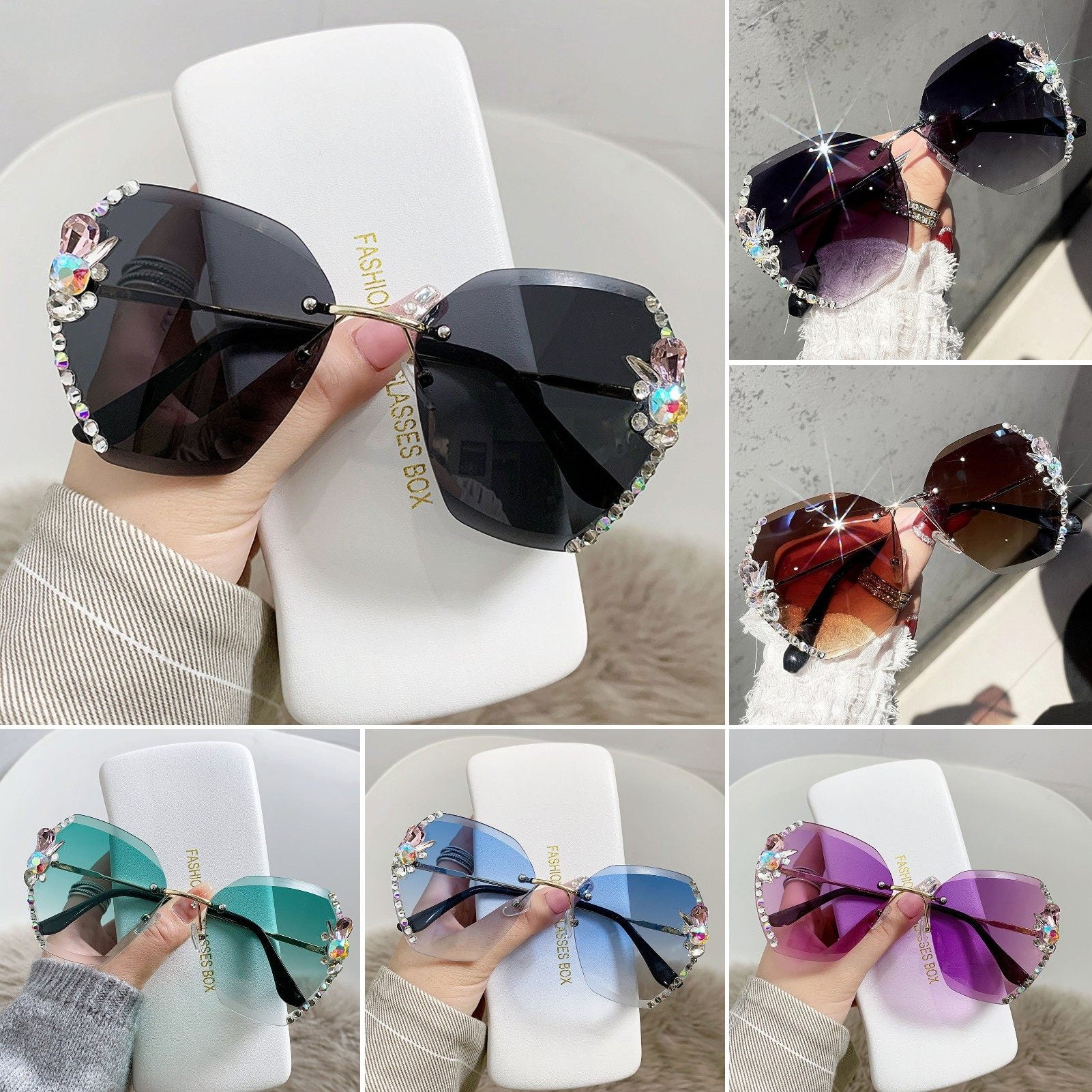 Fvsianol Rhinestone Sunglasses Sun Protection Sunglasses Lady ...