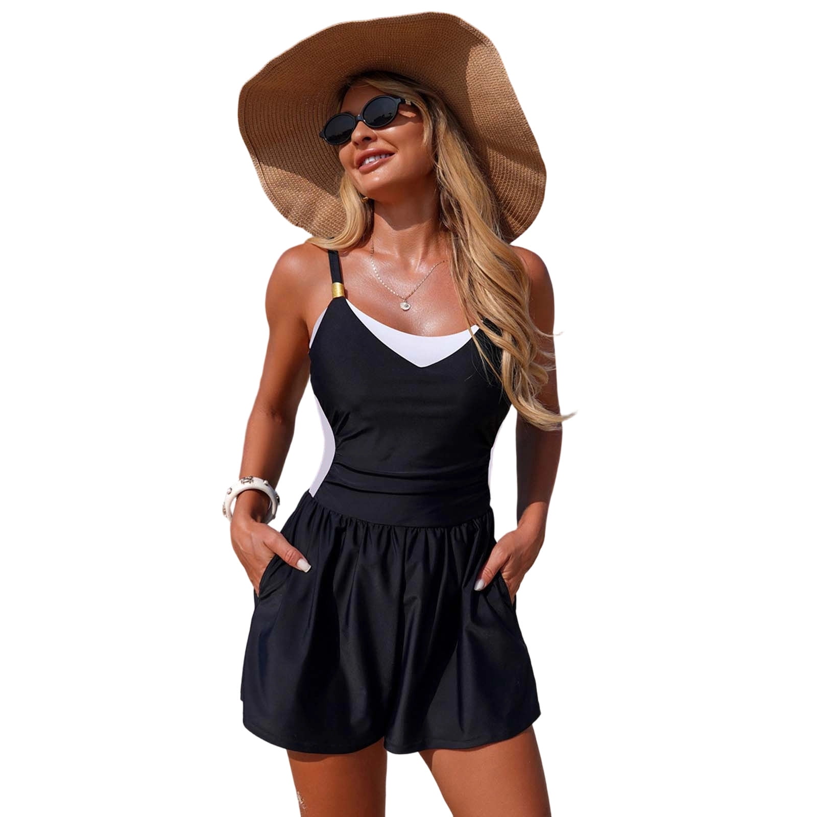 Fwqbns Women's Bathing Suits One Piece Suspenders with Shorts Full ...