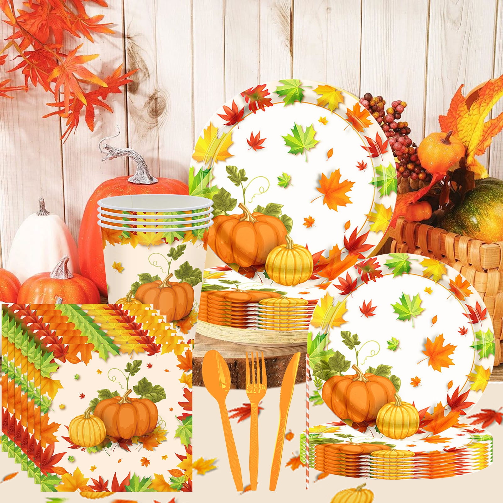 Fwttom 133 pcs Thanksgiving Dinnerware Sets, Fall Decor Maple Leaf ...