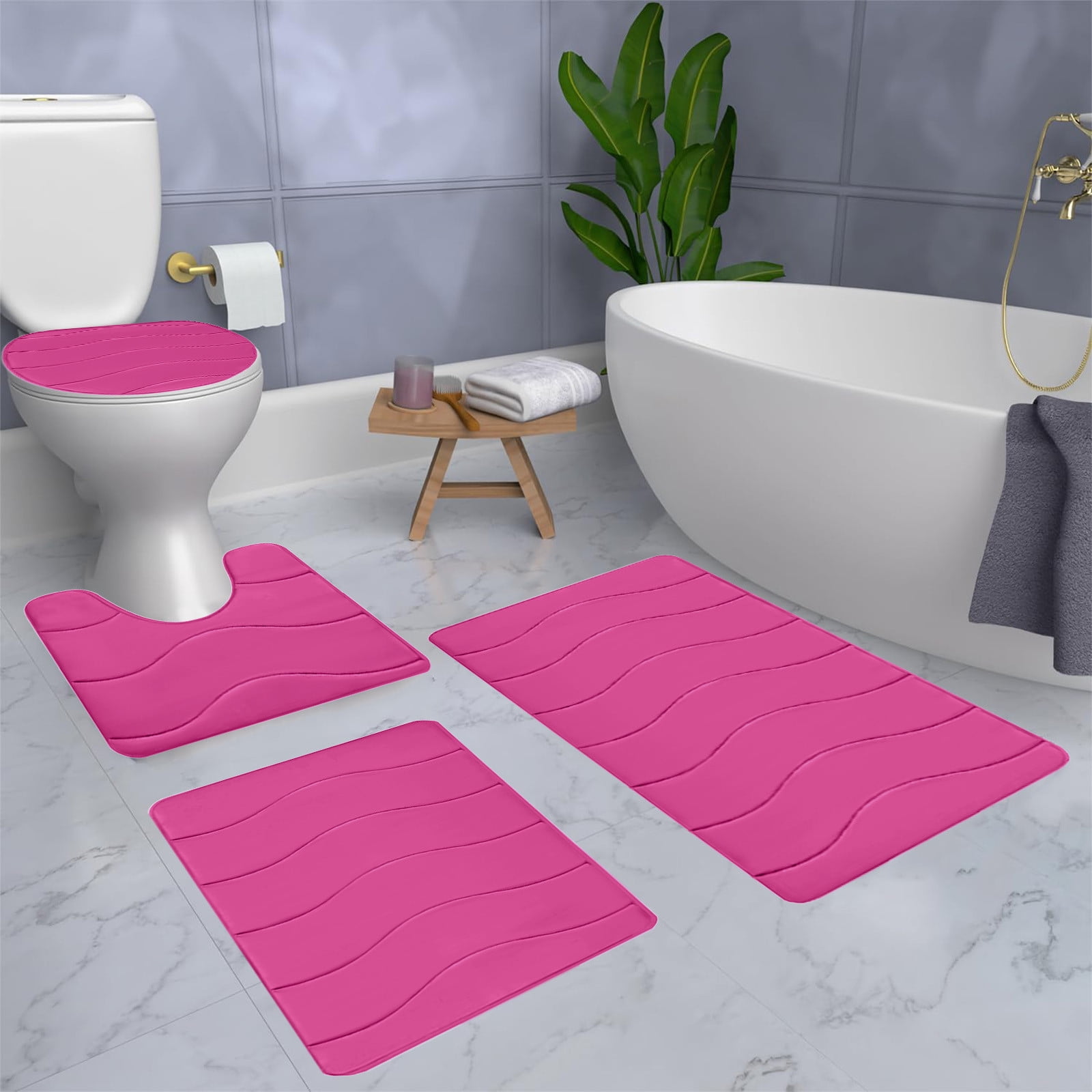 Fwttom 4 Pcs Non Slip Bathroom Rugs Set, Soft Water Absorption Thick ...