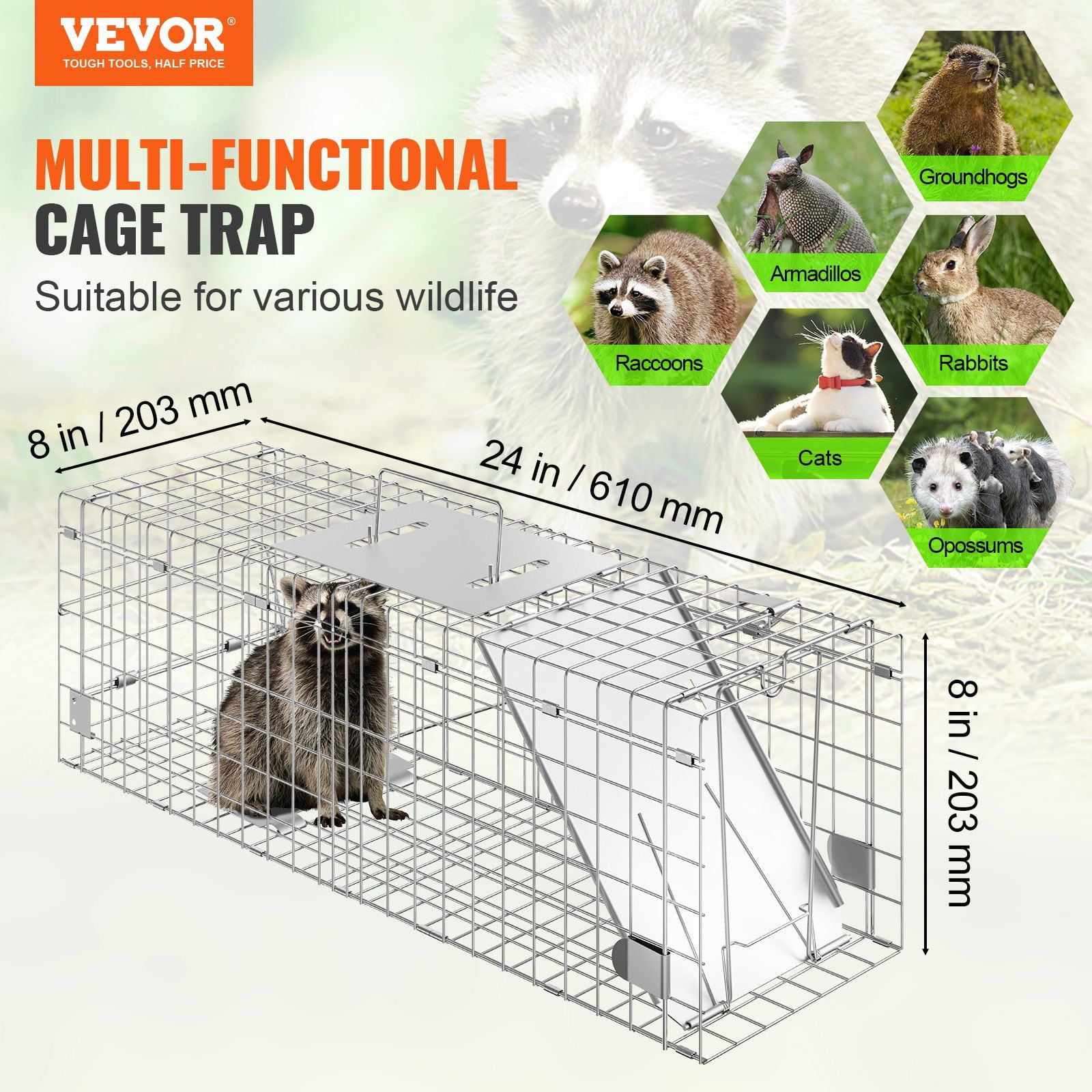 FxolFck Live Animal Cage Trap, 24" x 8" x 8" Humane Cat Trap Galvanized ...