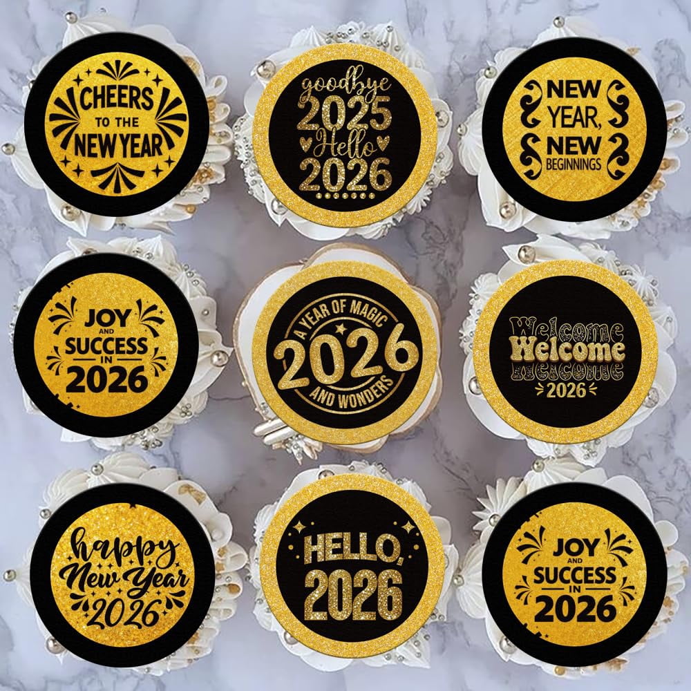 Fyeoxle 36PCS Edible 2026 GGA1 Happy New Year Cupcake Toppers Wafer ...
