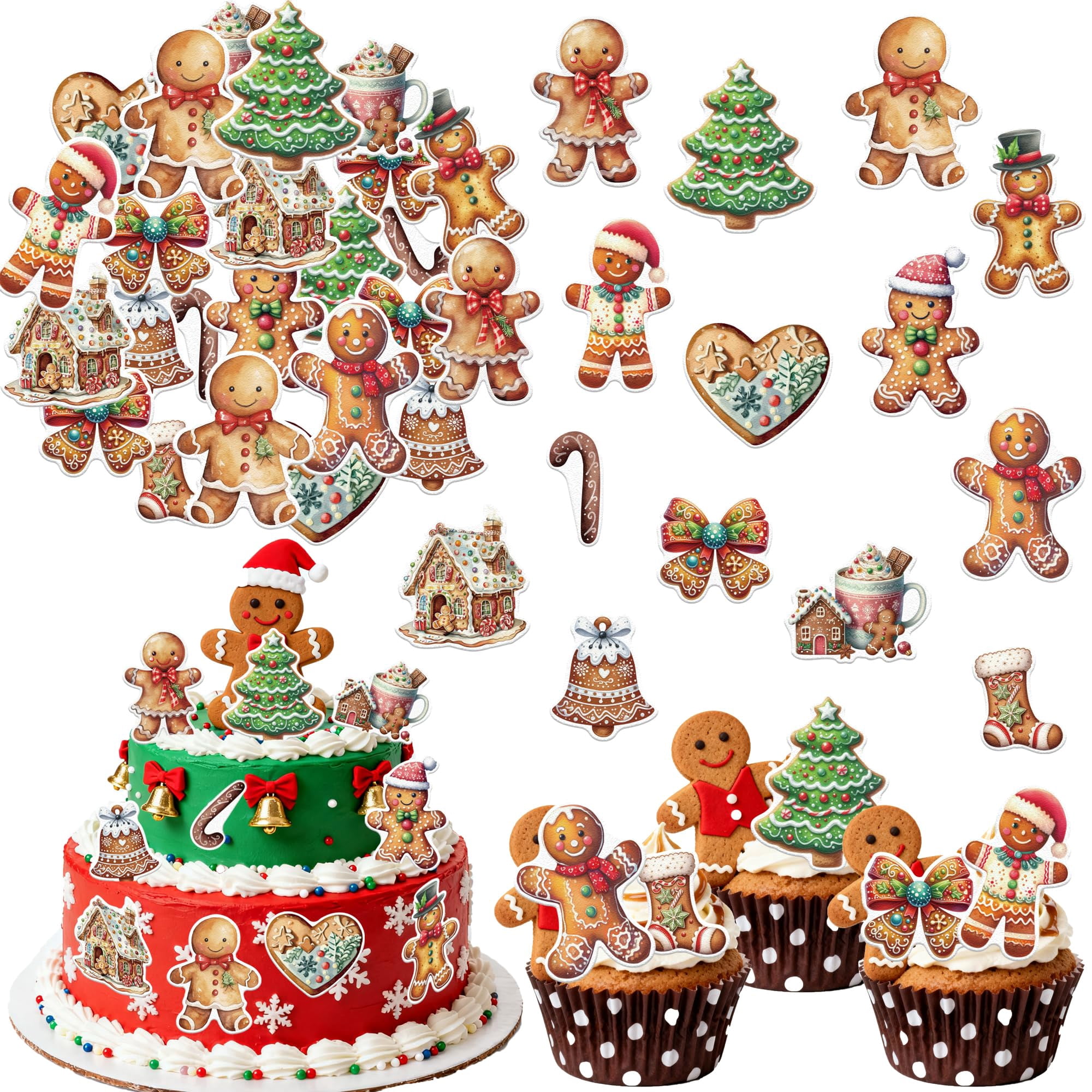 Fyeoxle 64PCS Edible Gingerbread GGA1 Cupcake Toppers Wafer Paper Bread ...