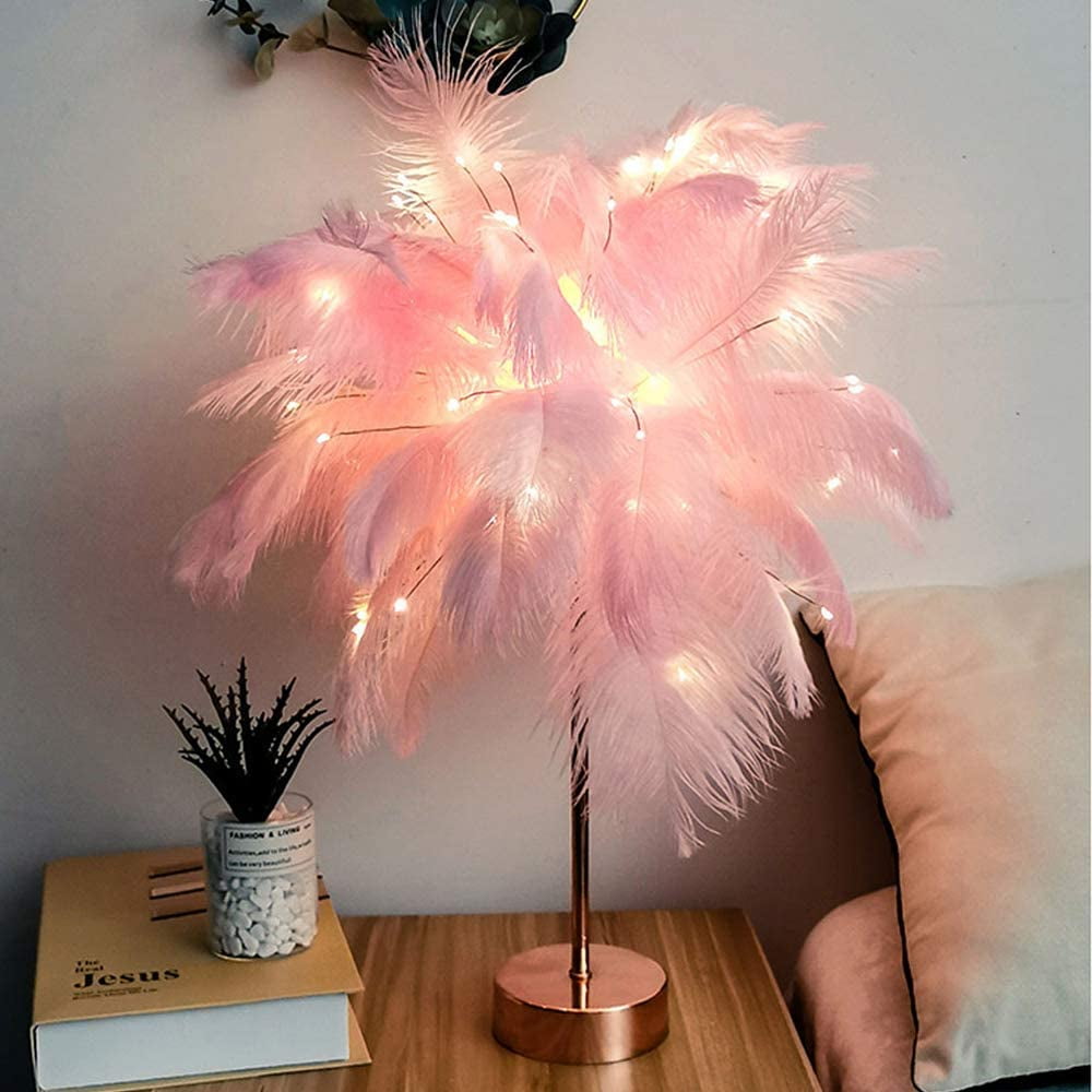 Fymlhomi Feather Table Lamp, Feather Lampshade LED Night Lamp Bedside ...