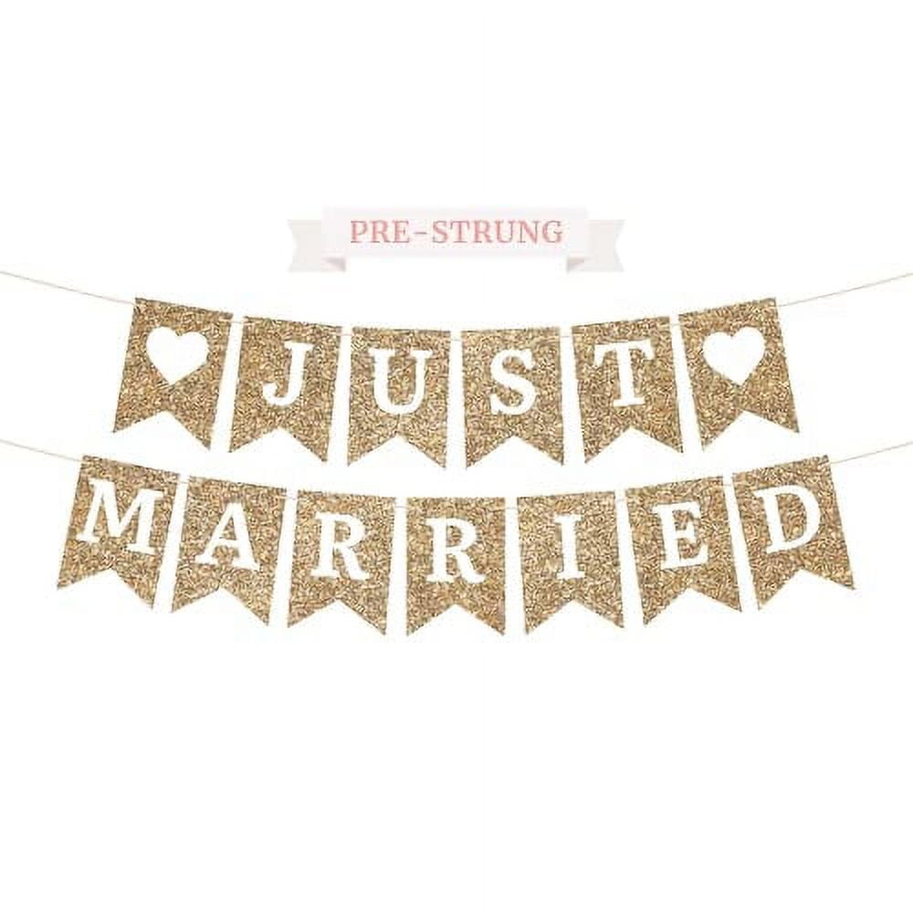 Fymlhomi Pre-Strung Just Married Banner - NO DIY - Gold Glitter Wedding ...