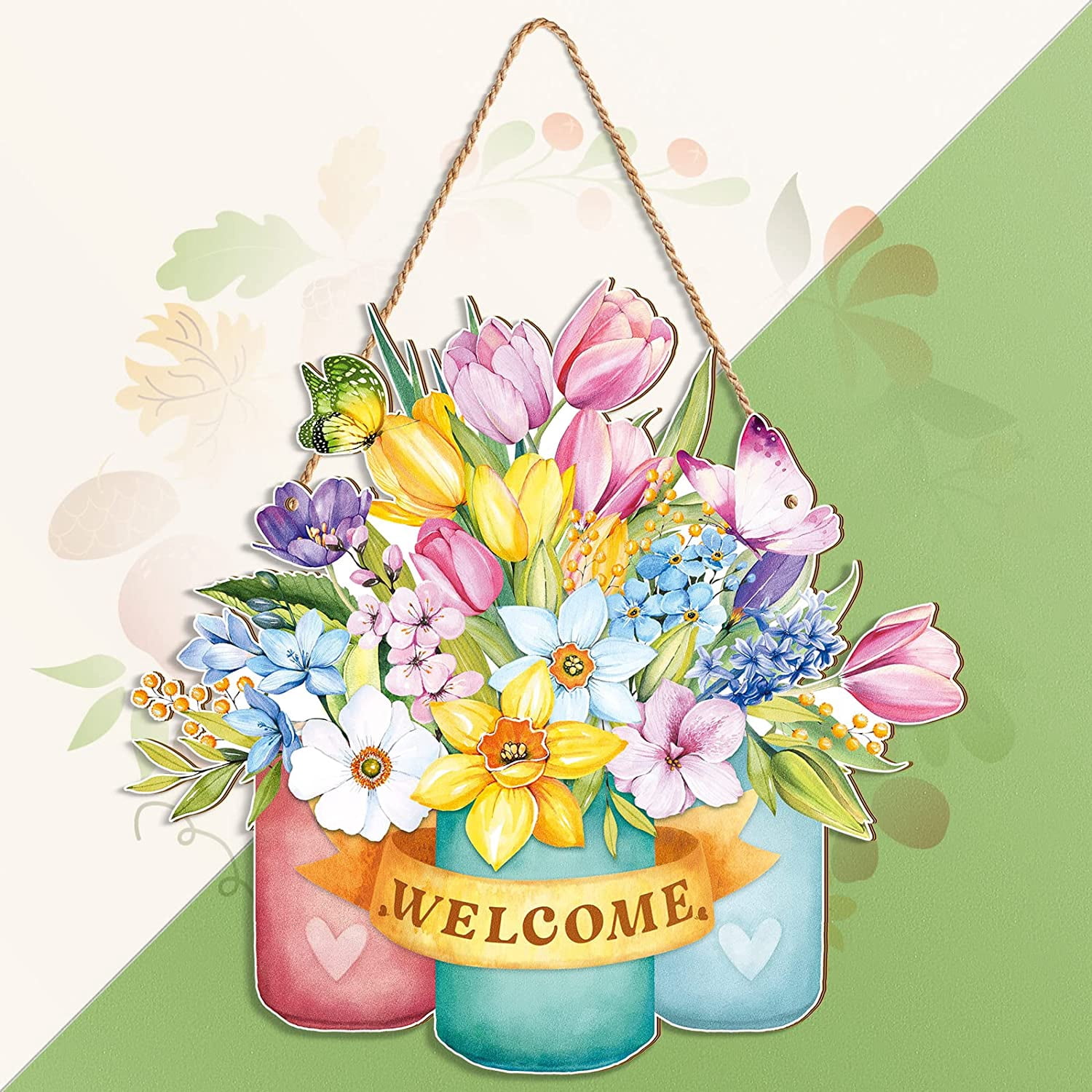 Fymlhomi Spring Door Decor Flower Welcome Door Sign Spring Door Hanger ...