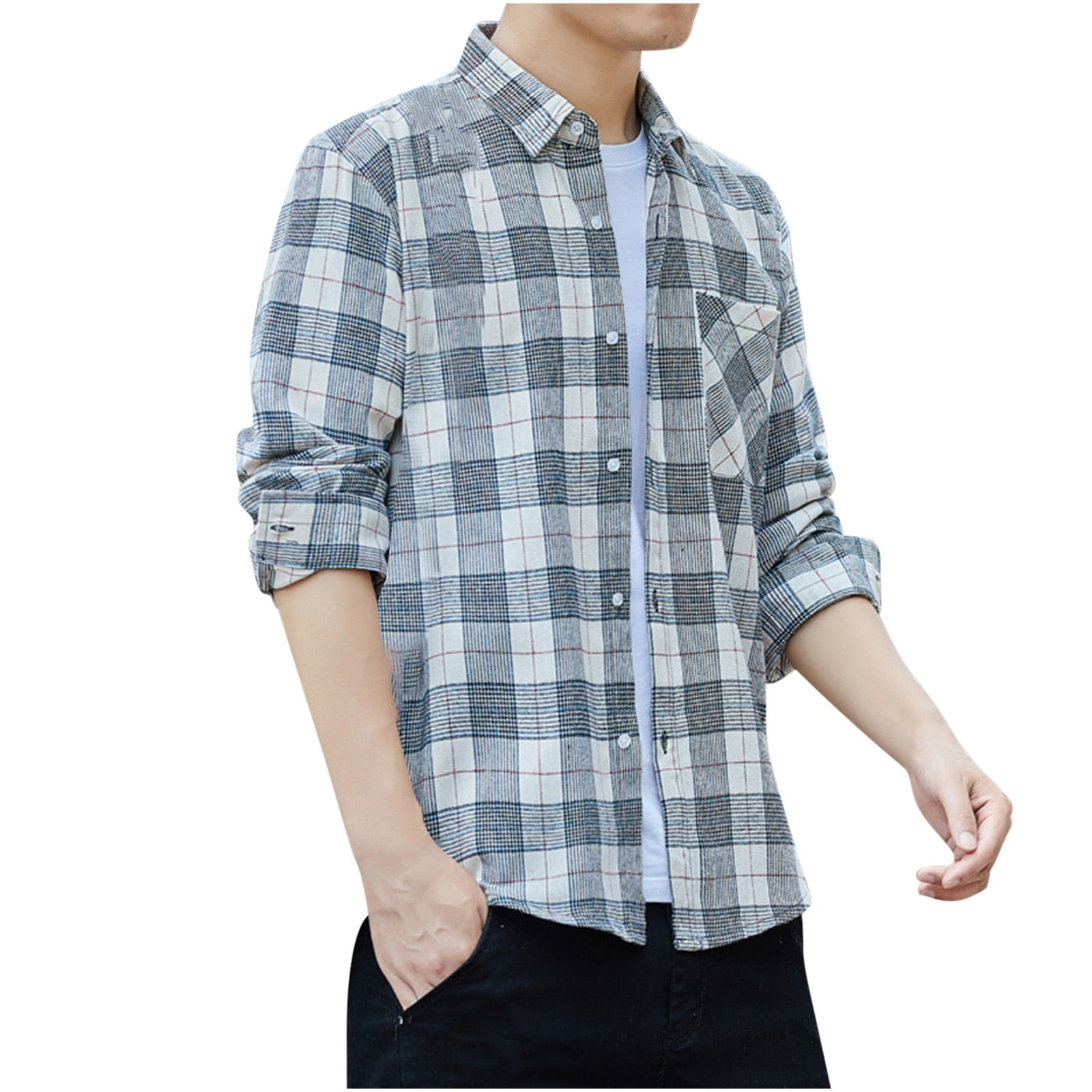 Fznquz Button Up Shirt Men White Plaid Long Sleeve Soft Shirt Casual ...