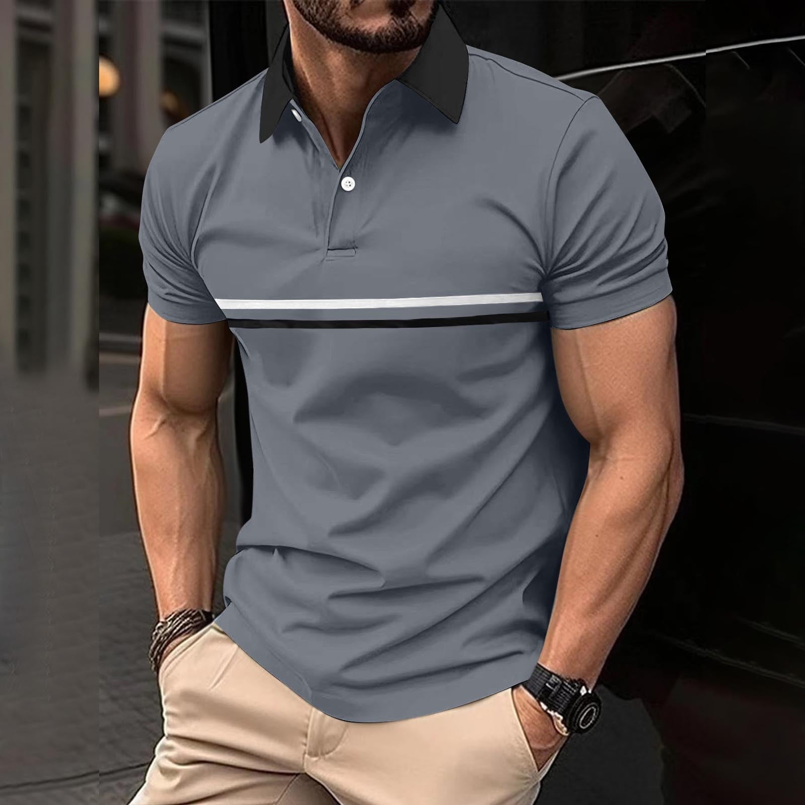 Fznquz Collar Mens Tall T Shirts Casual Gray Polo Tees Button Short ...