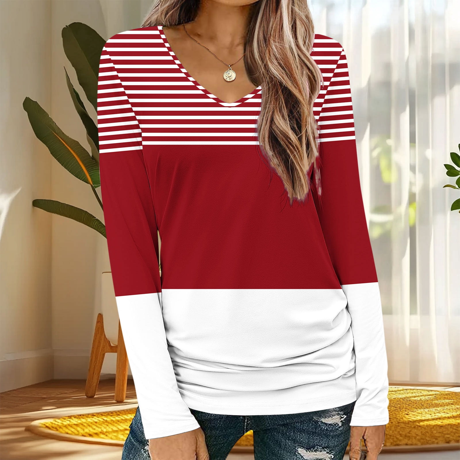 Fznquz Color Block Women's Blouses Red Striped Long Sleeve Blouse V ...