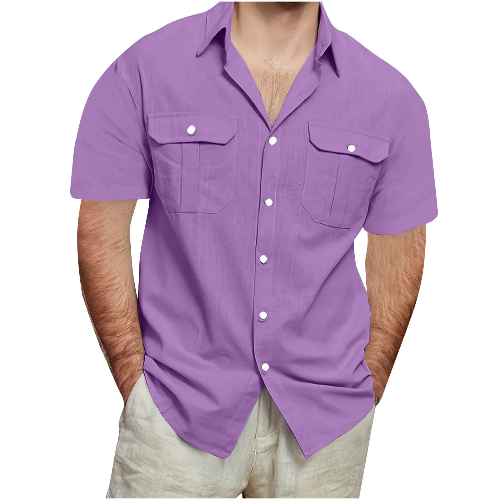 Fznquz Cotton Linen Mens Button Up Shirt Big and Tall Plain Short ...