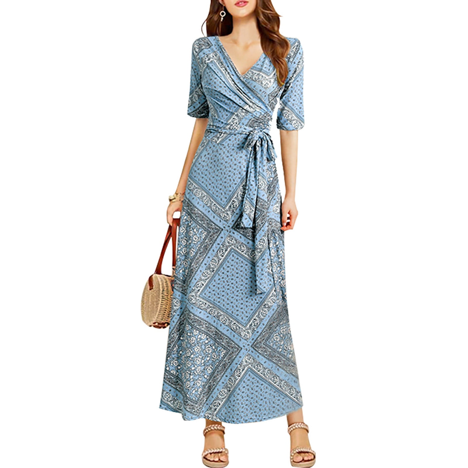 Fznquz Dresses for Women Plus Size Short Sleeve Wrap V Neck Cocktail ...