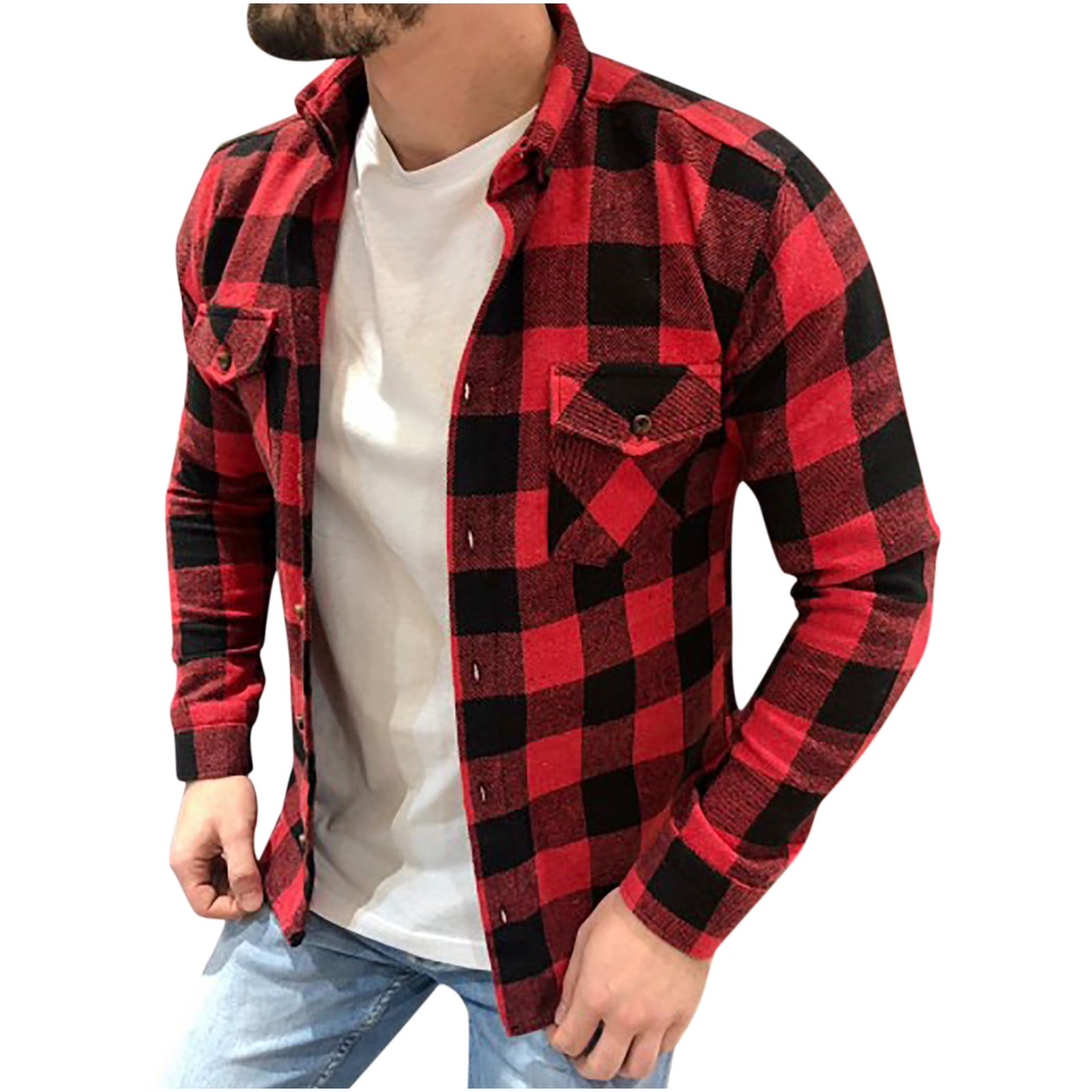 Fznquz Flannel Winter Jacket for Men Red Plaid Shirt Jacket Casual ...