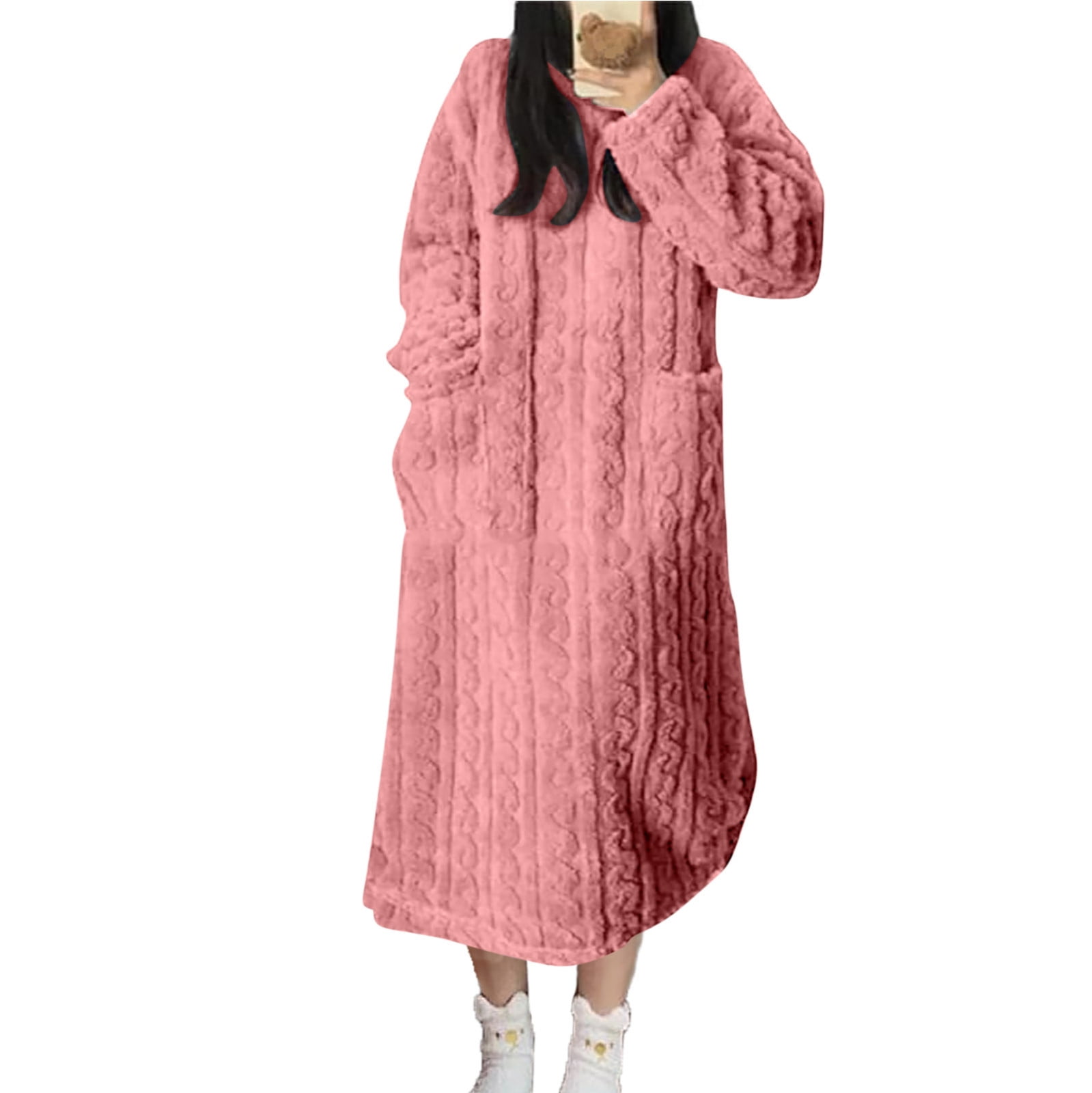Fznquz Fuzzy Night Gowns for Adult Women Flannel Long Night Dress Pink ...