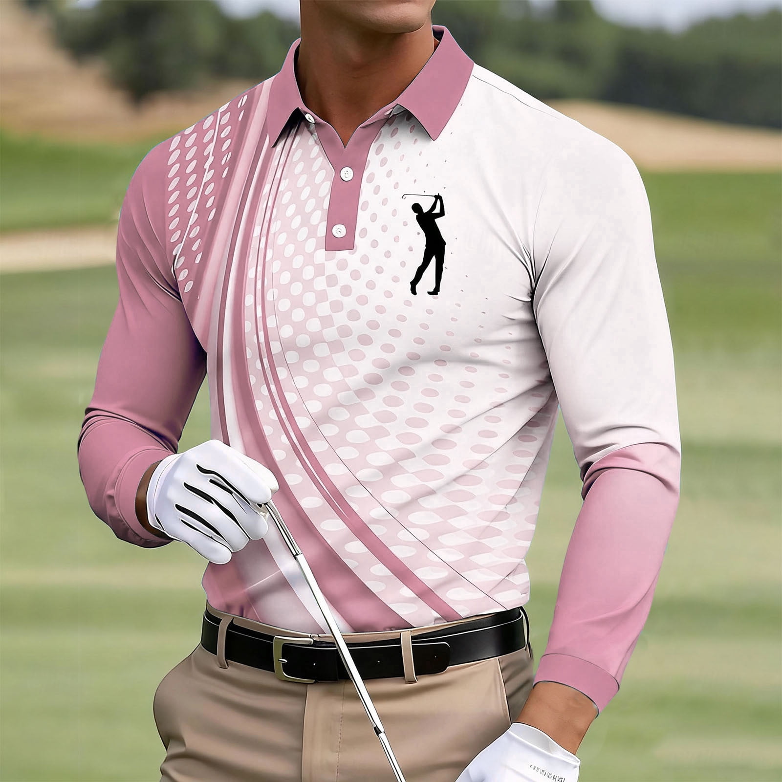 Fznquz Golf Mens Polos Long Sleeve Collared Cotton Pink Polos Casual ...