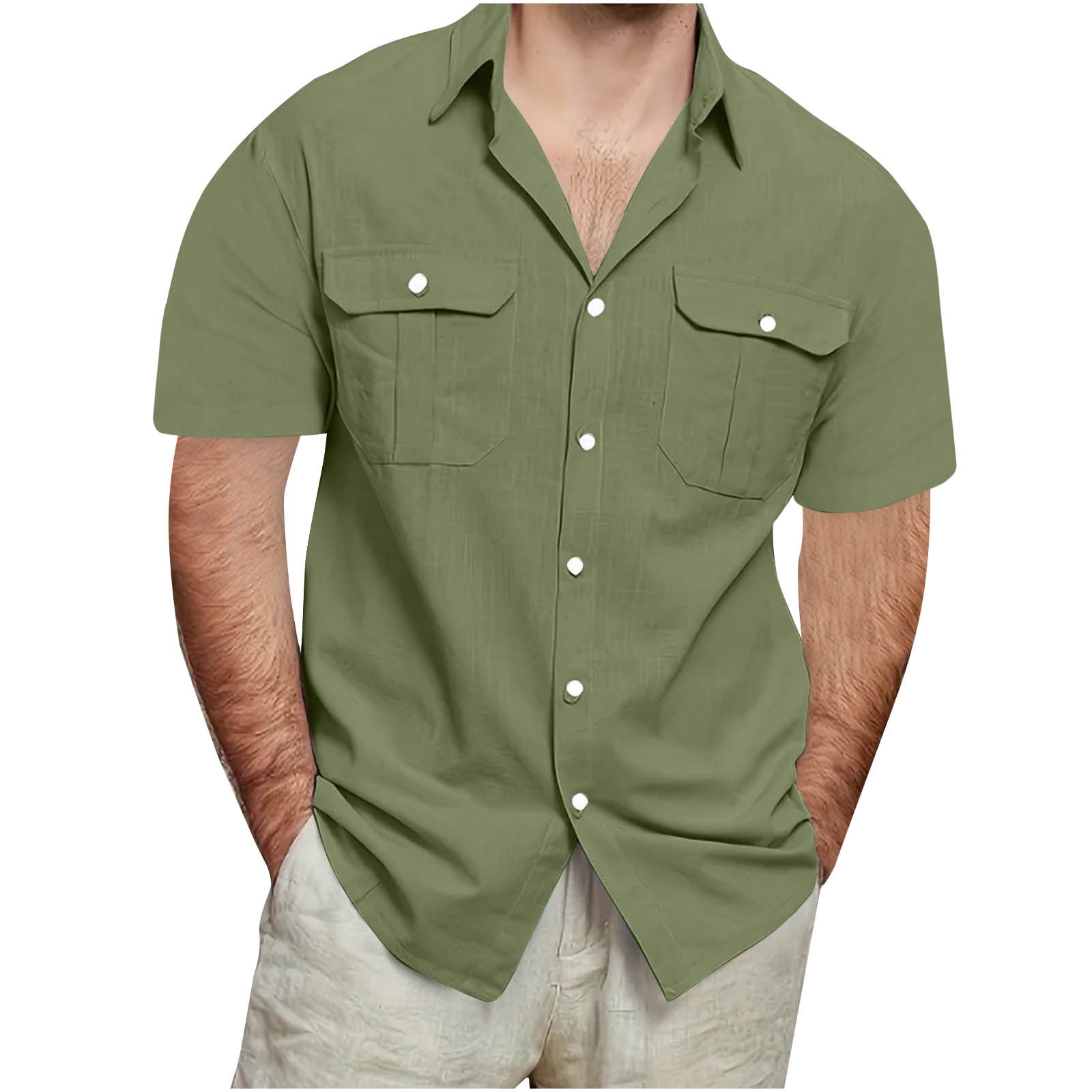 Fznquz Green Button Up Shirts for Men Plain Cotton Linen Short Sleeve ...