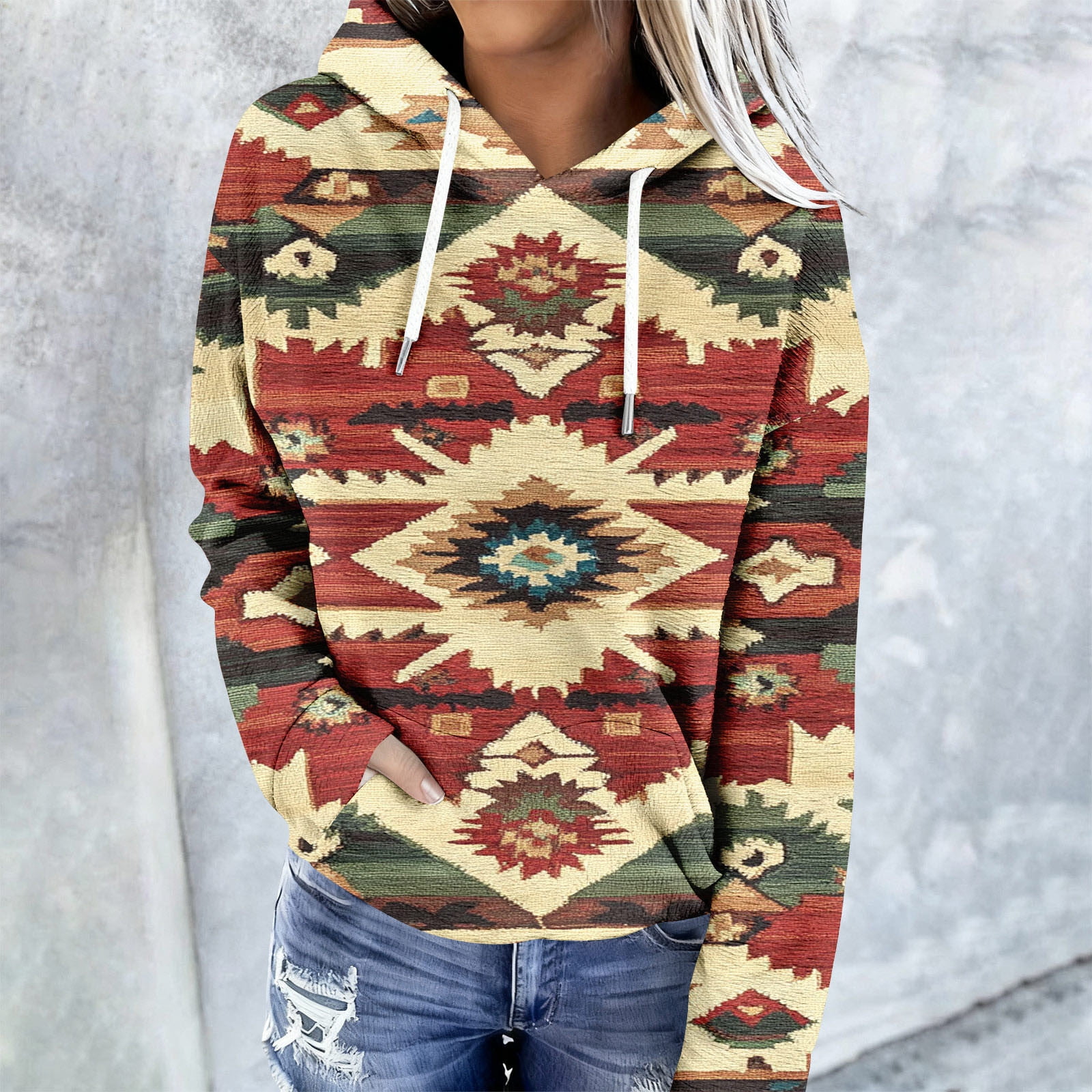 Fznquz Hooded Blouses for Women Business Casual Pullover Aztec Print ...