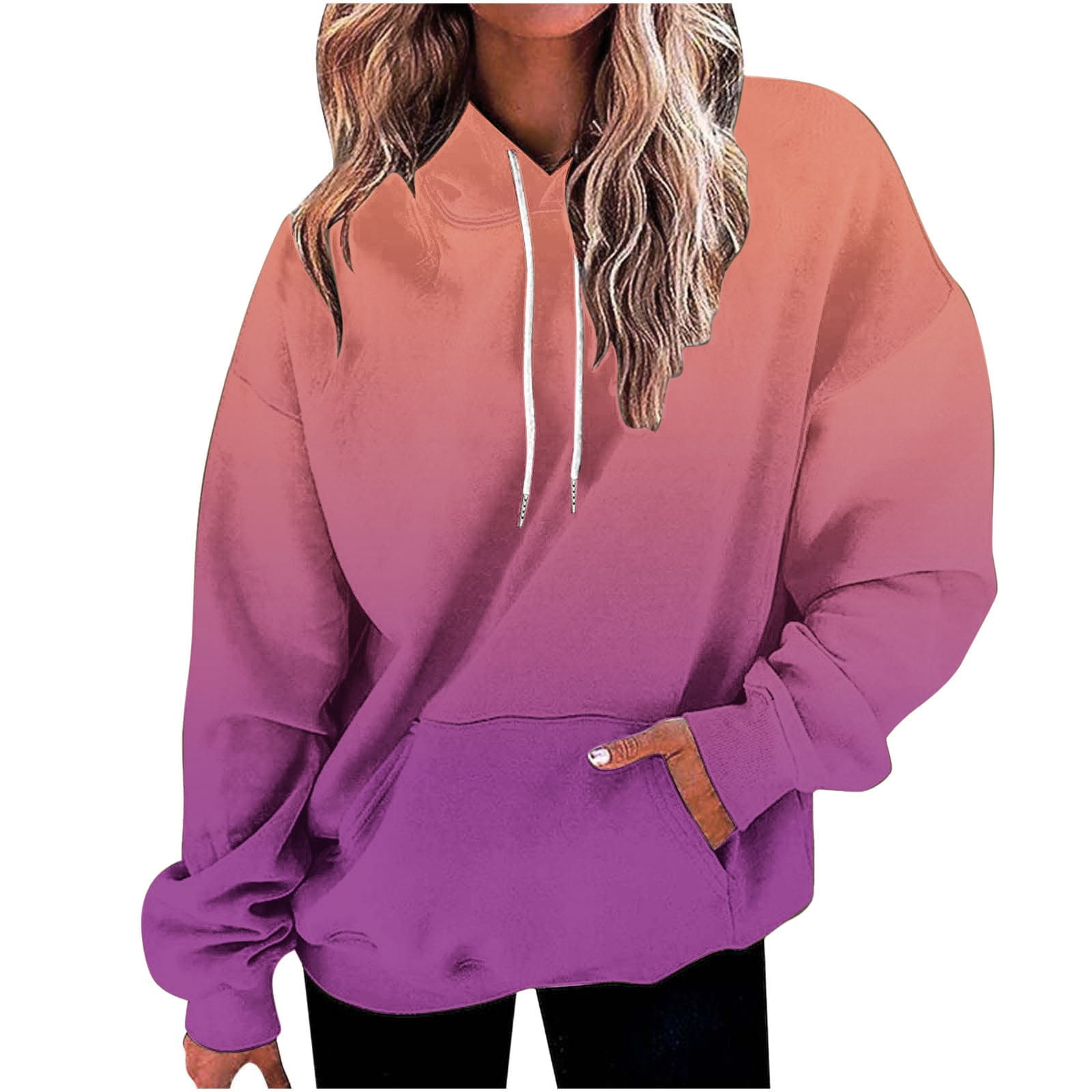 Fznquz Hooded Fall Blouses for Women 2025 Drawstring Crewneck ...