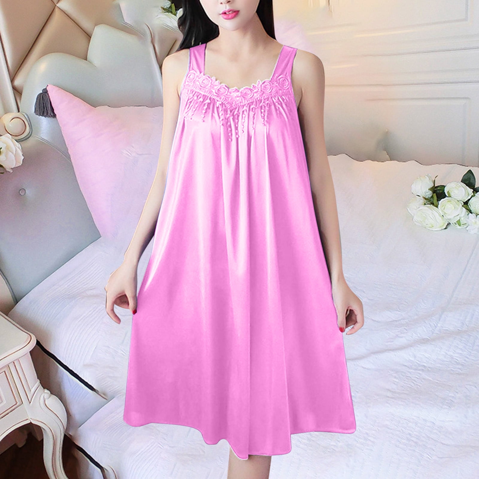 Fznquz Ladies Nightgowns Satin Lounge Mini Sleep Dress Pink Loose Plain ...