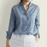 Fznquz Linen Trendy Tops for Women 2025 Blue Button Down Plain Shirts ...