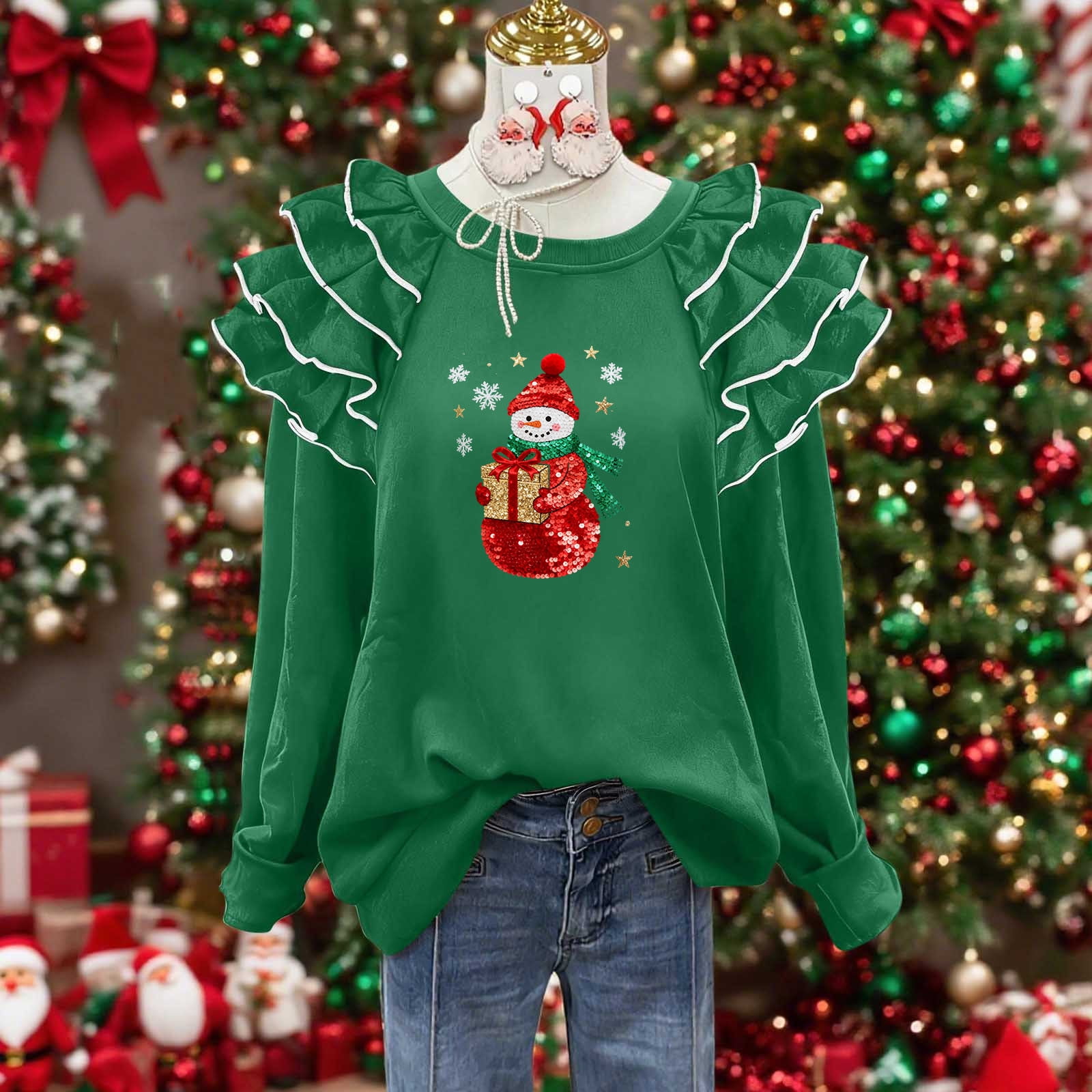 Fznquz Long Sleeve Plus Size Blouses for Curvy Women Green Crew Neck ...