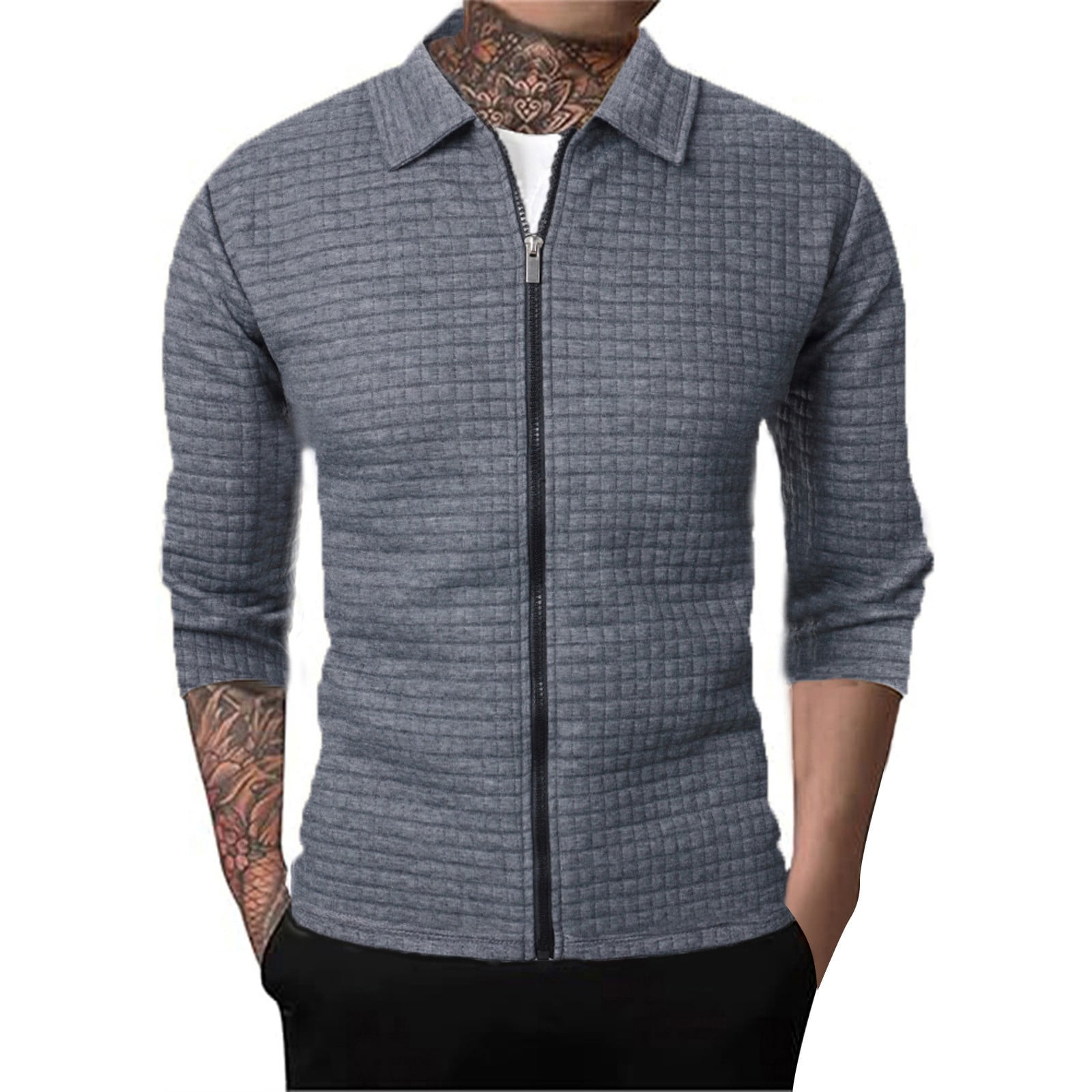 Fznquz Long Sleeve Tees for Men Gray Collared Full Zip Tees Shirts Fall ...