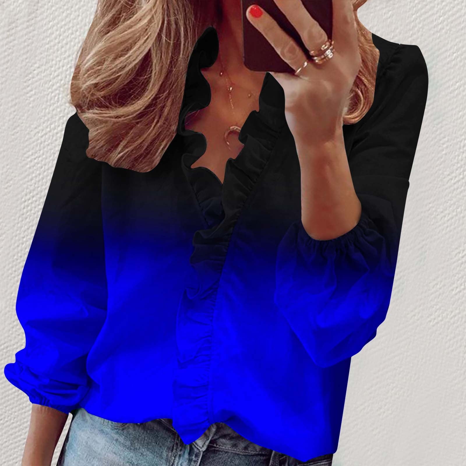 Fznquz Long Sleeve Womens Blouses for Work Blue Peplum V Neck Tops ...