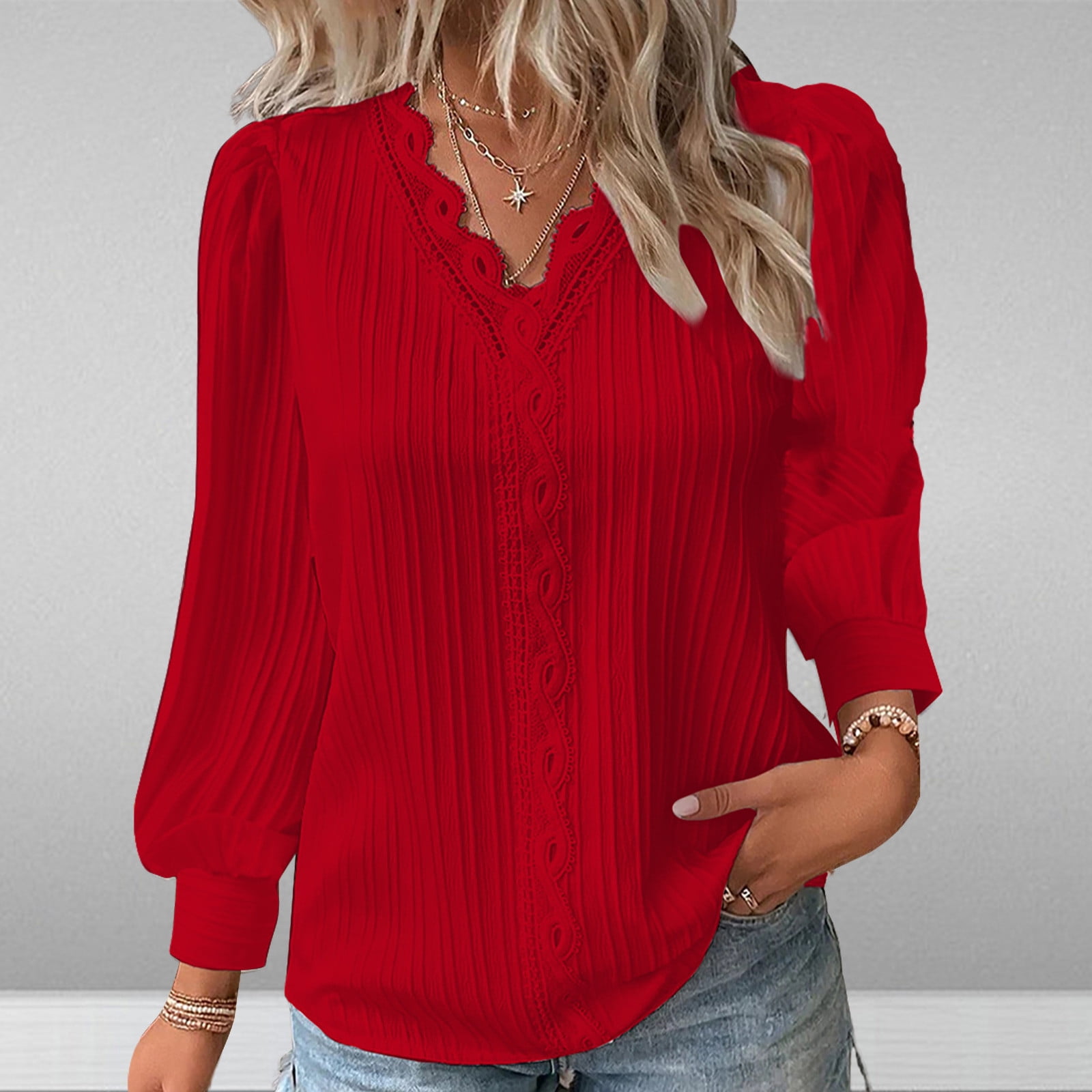 Fznquz Long Sleeve Womens Fall Tops Red Casual Shirts Dressy Formal V ...