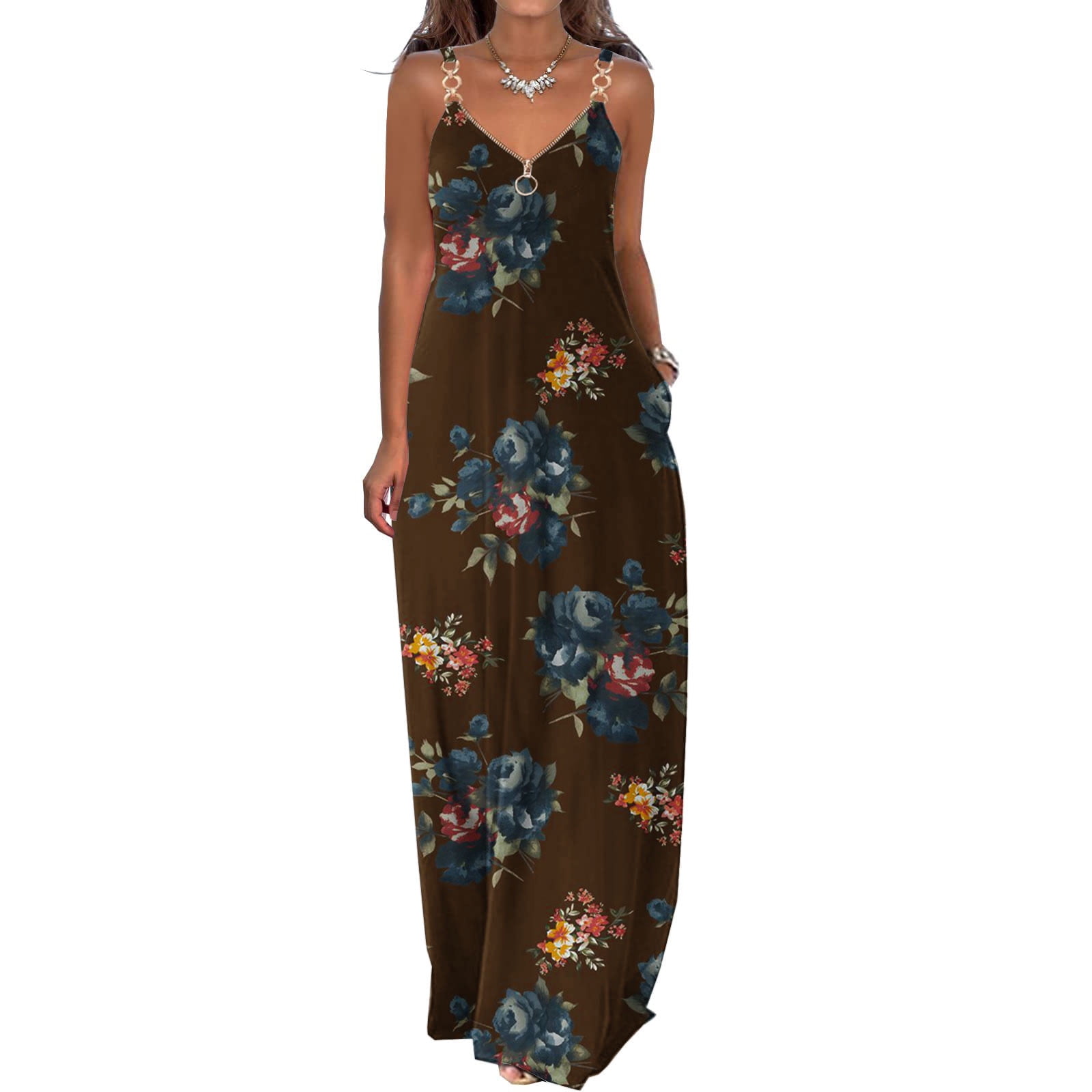 Fznquz Maxi Dress Women Floral Tank Sun Dress Long Dress Brown V Neck ...