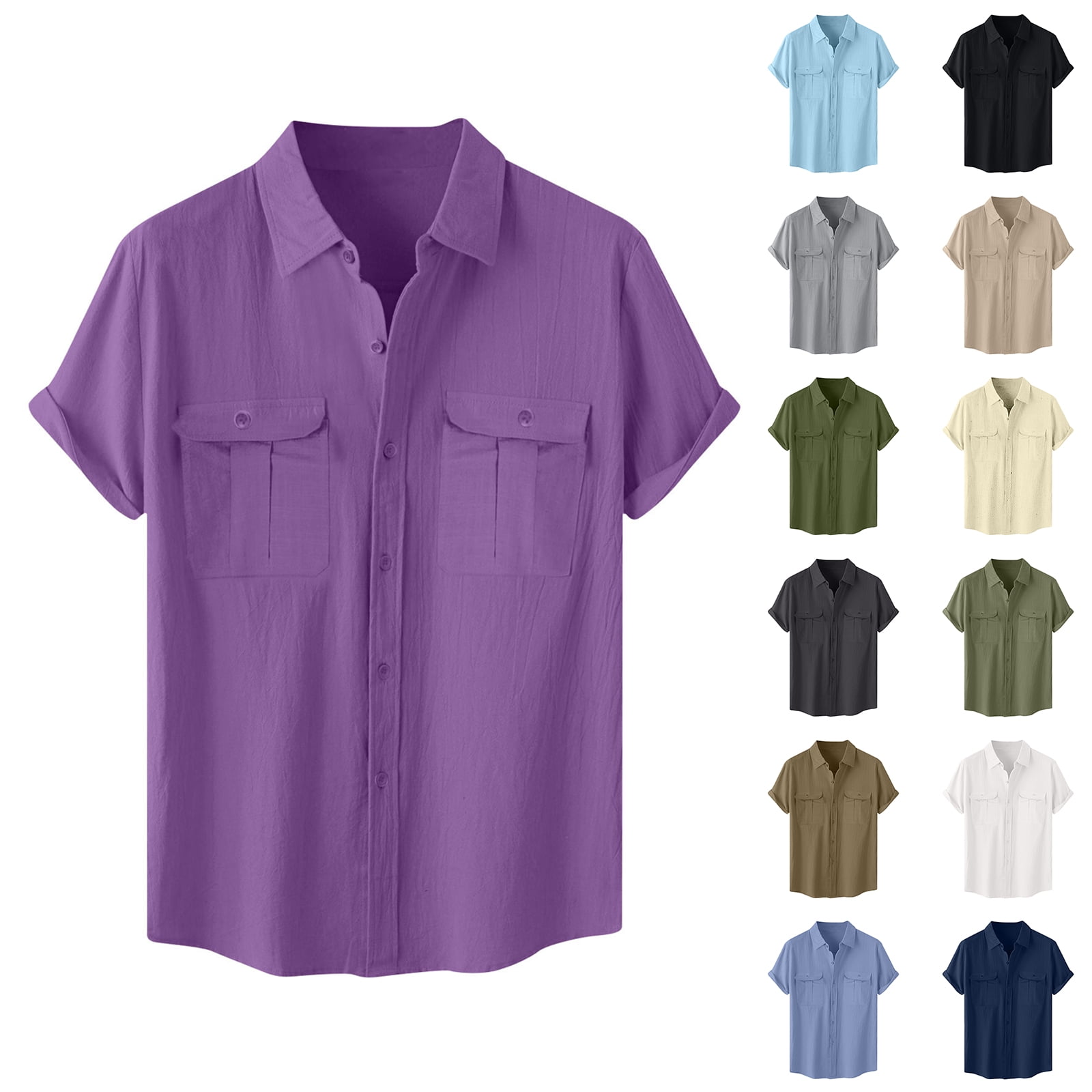 Fznquz Mens Big and Tall Button Up Shirt Short Sleeve Purple Plain ...