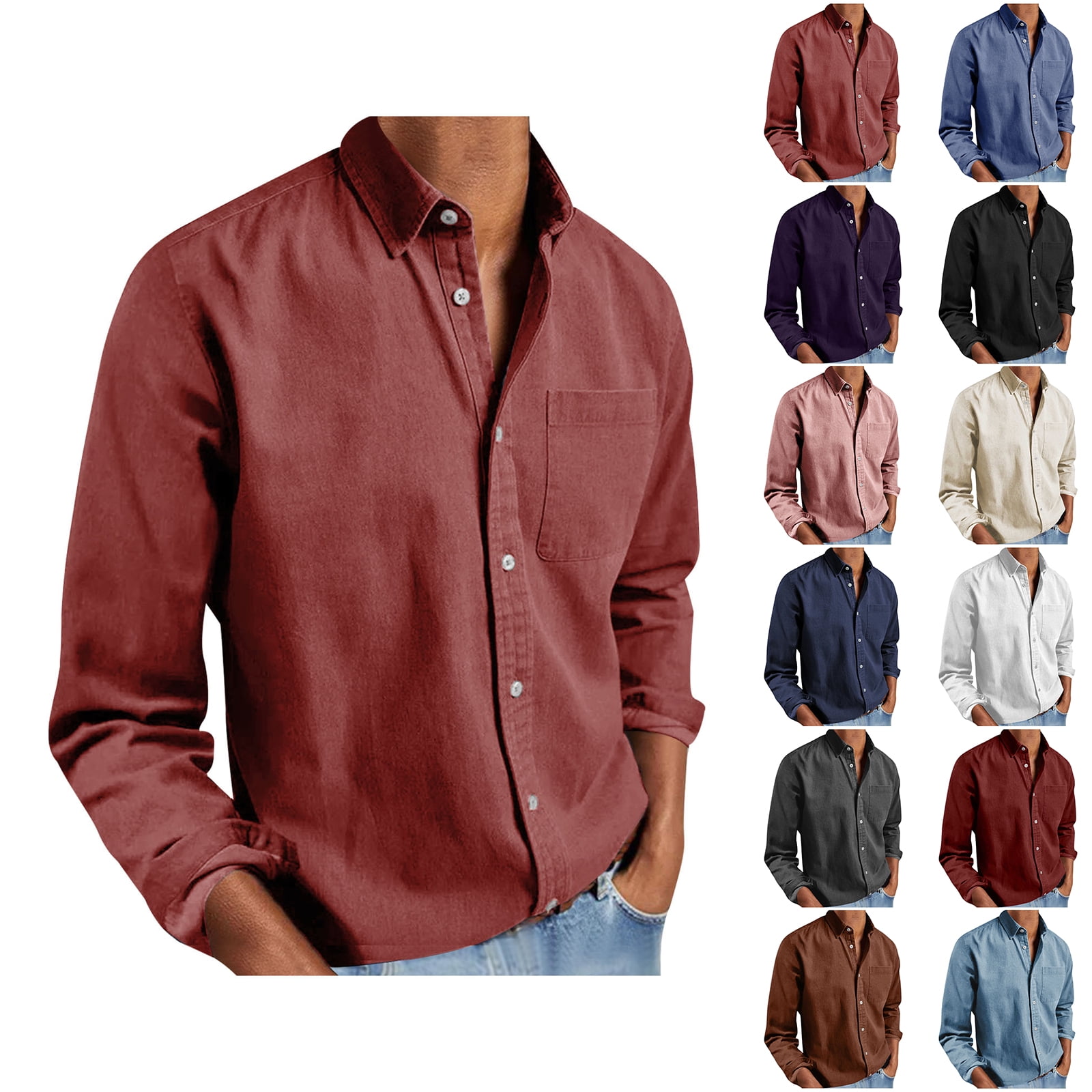 Fznquz Mens Button Up Shirts Long Sleeve Plain Red Shirts Collared ...