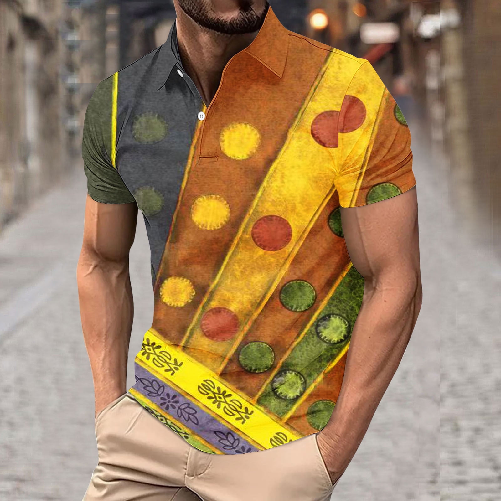 Fznquz Performance Shirts Men Collar Yellow Short Sleeve Polos Button Summer Slim Fit Men's T ...