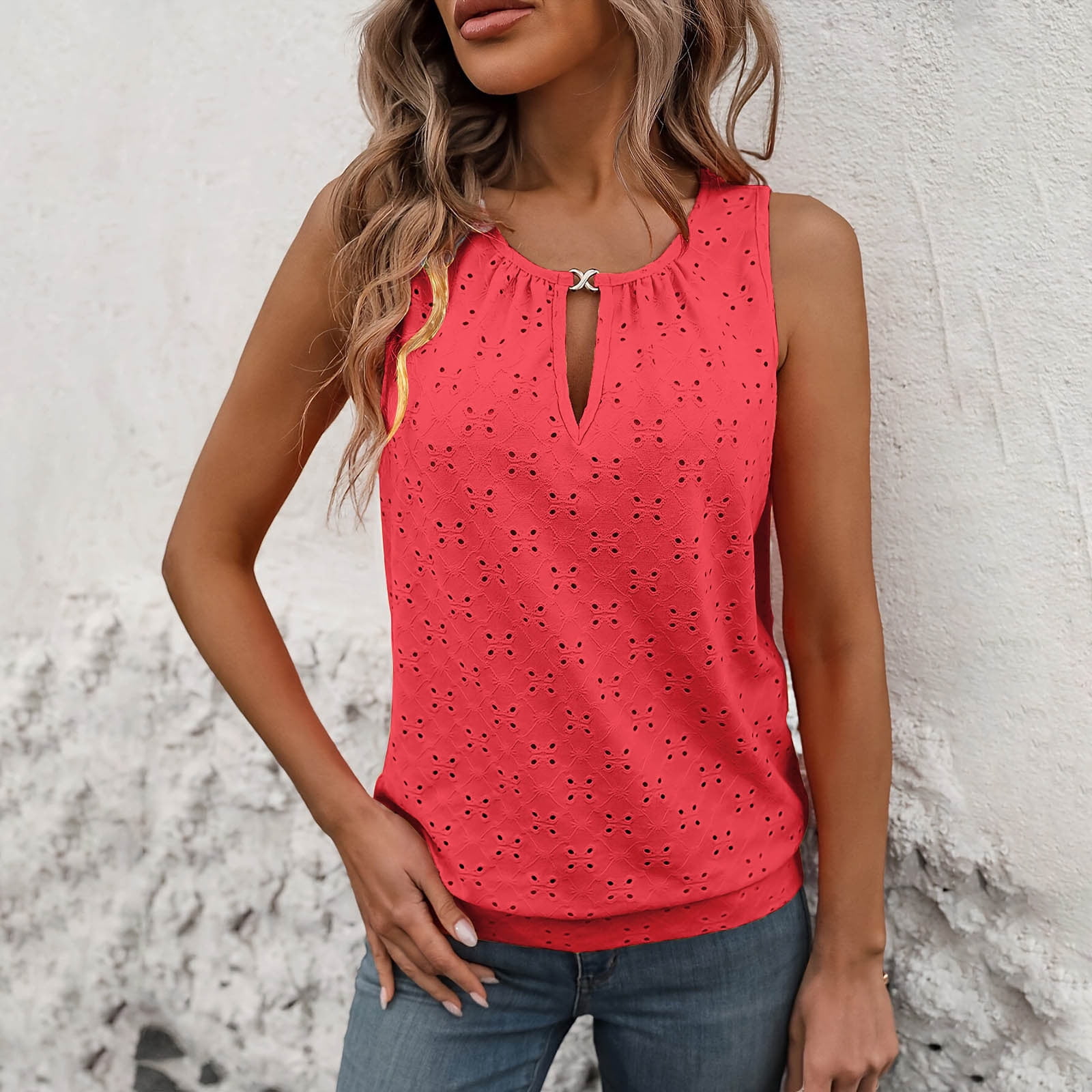 Fznquz Pink Womens Sleeveless Tops Summer Dressy Tank Elegant Keyhole ...