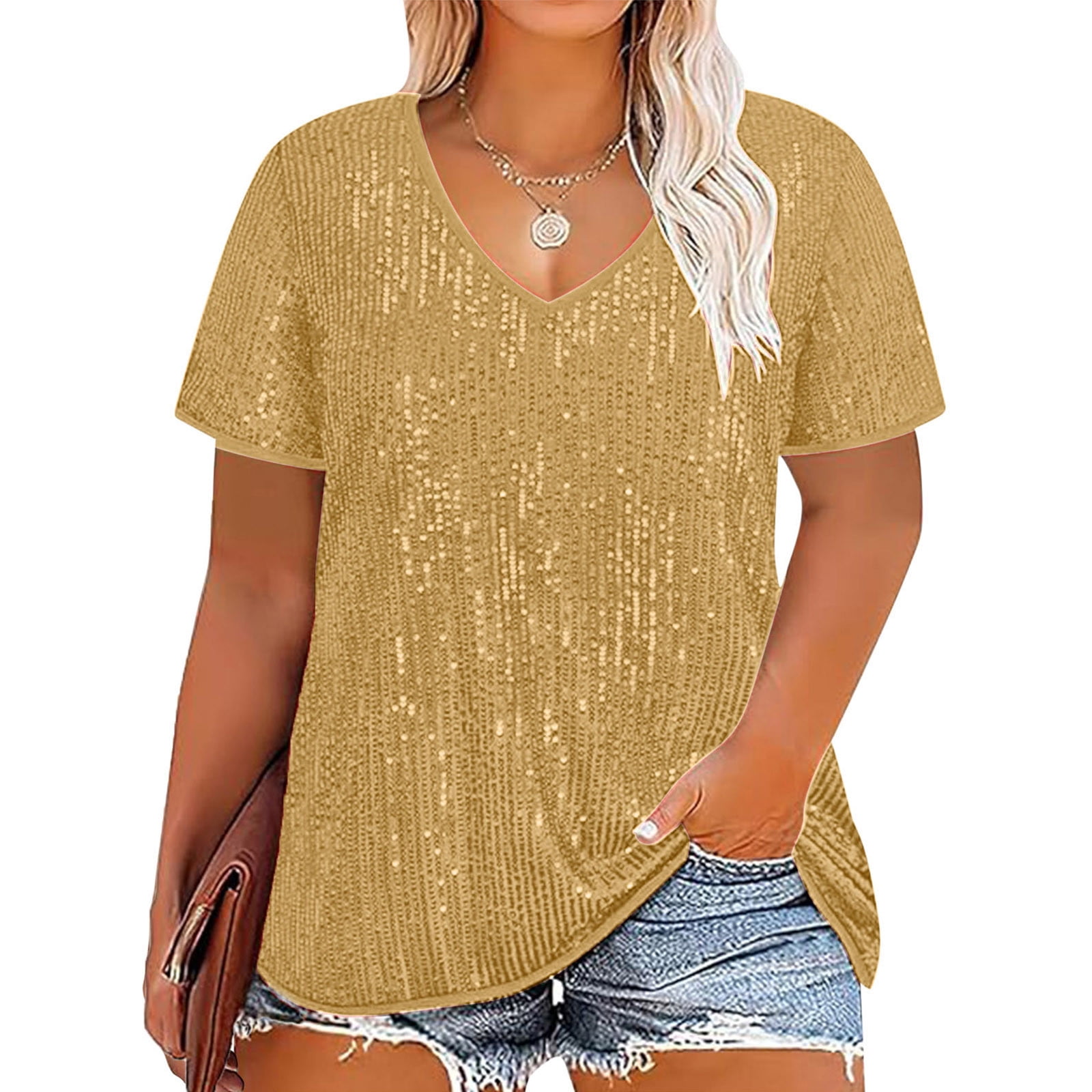 Fznquz Sequin Tops Womens Gold Sparkly Plus Size Tee Short Sleeve V ...