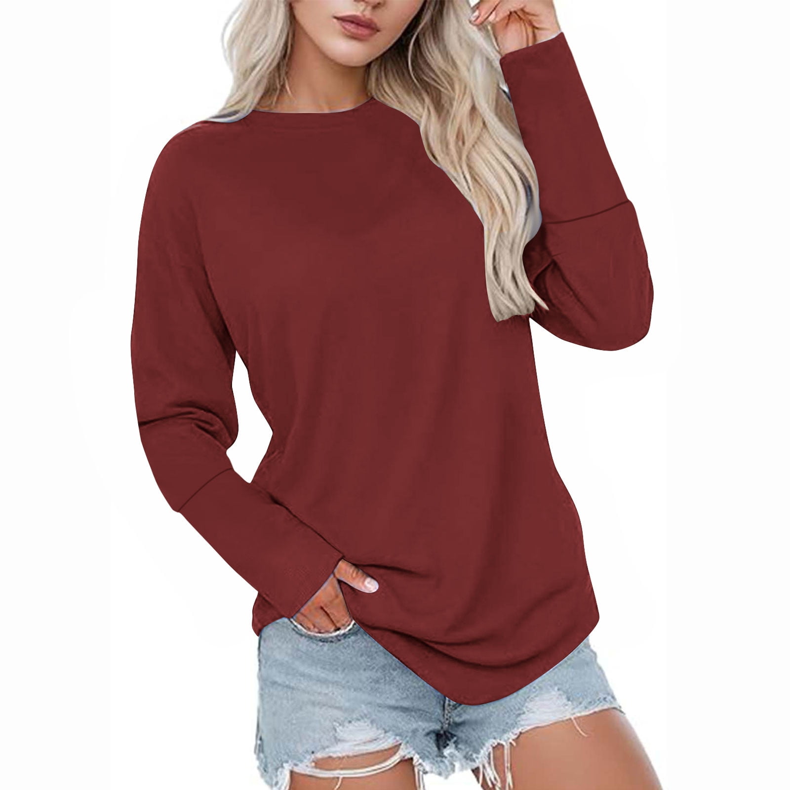 Fznquz Shirts for Women Plus Size Red Long Sleeve Plain Shirts Fall ...
