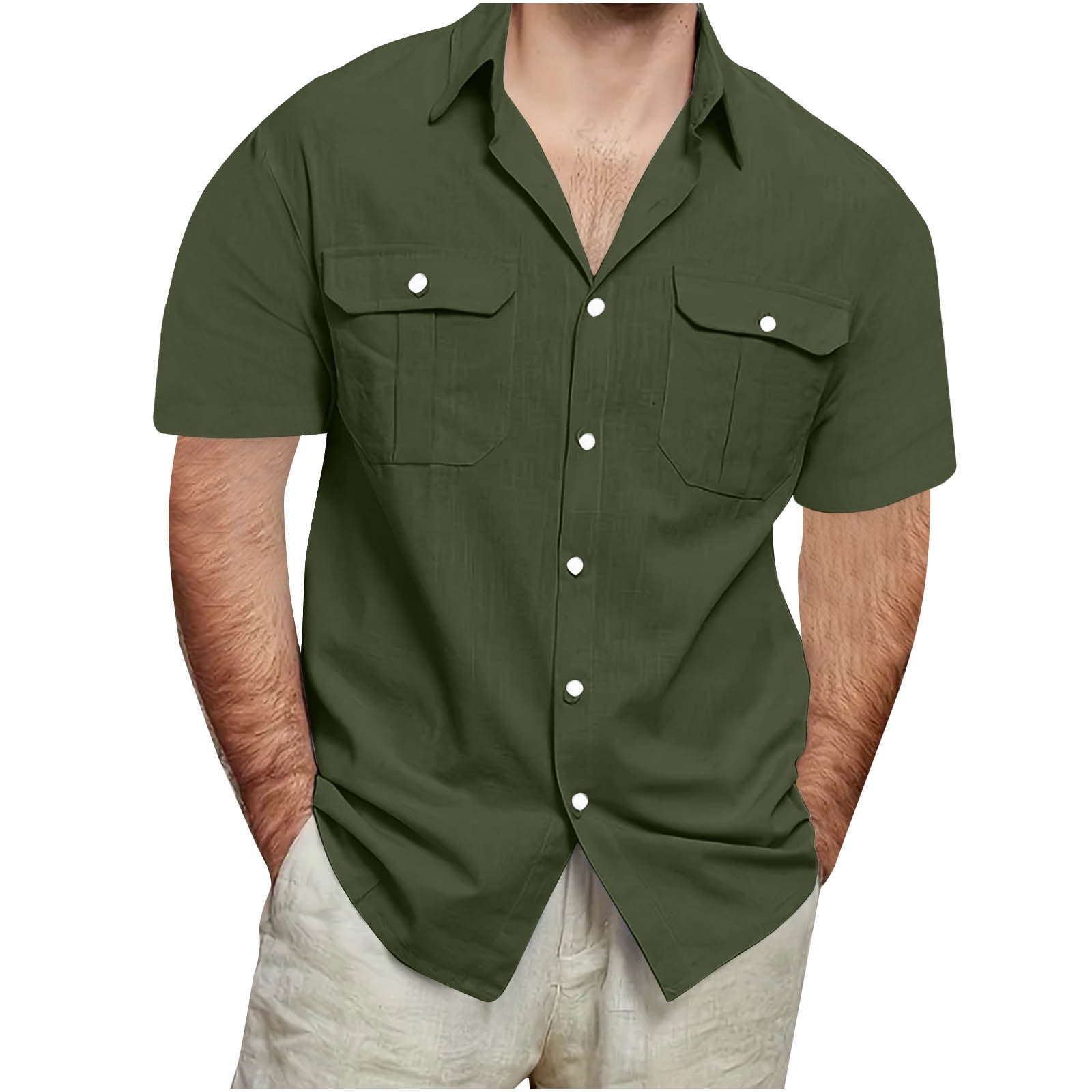 Fznquz Short Sleeve Mens Button Up Shirt Plain Cotton Linen Green ...