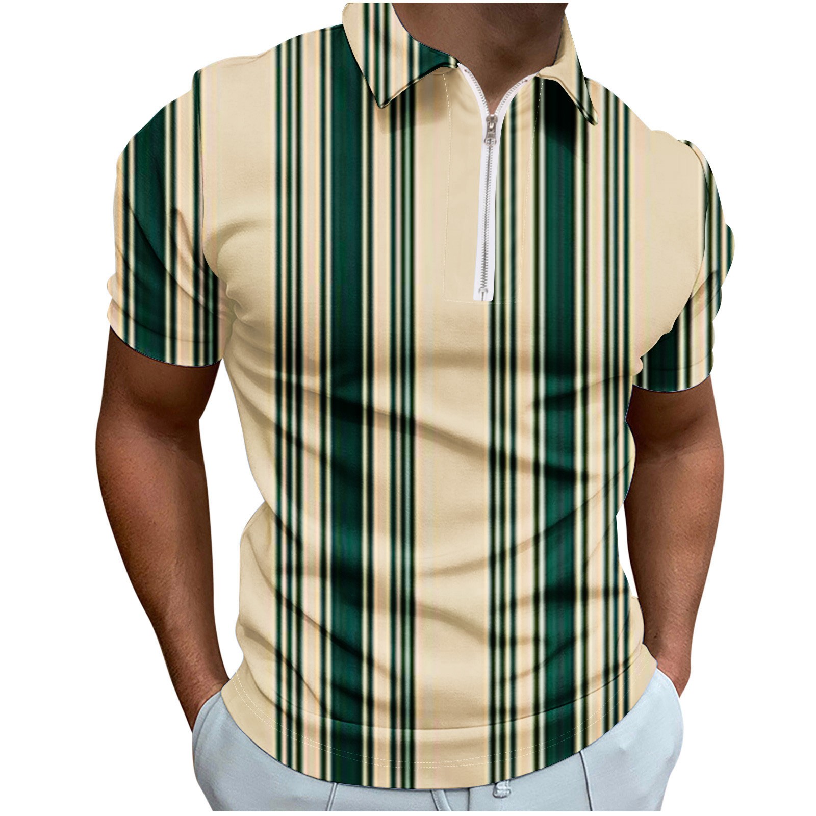 Fznquz Short Sleeve Mens T-Shirts Casual Polo Green Zipper Collared ...