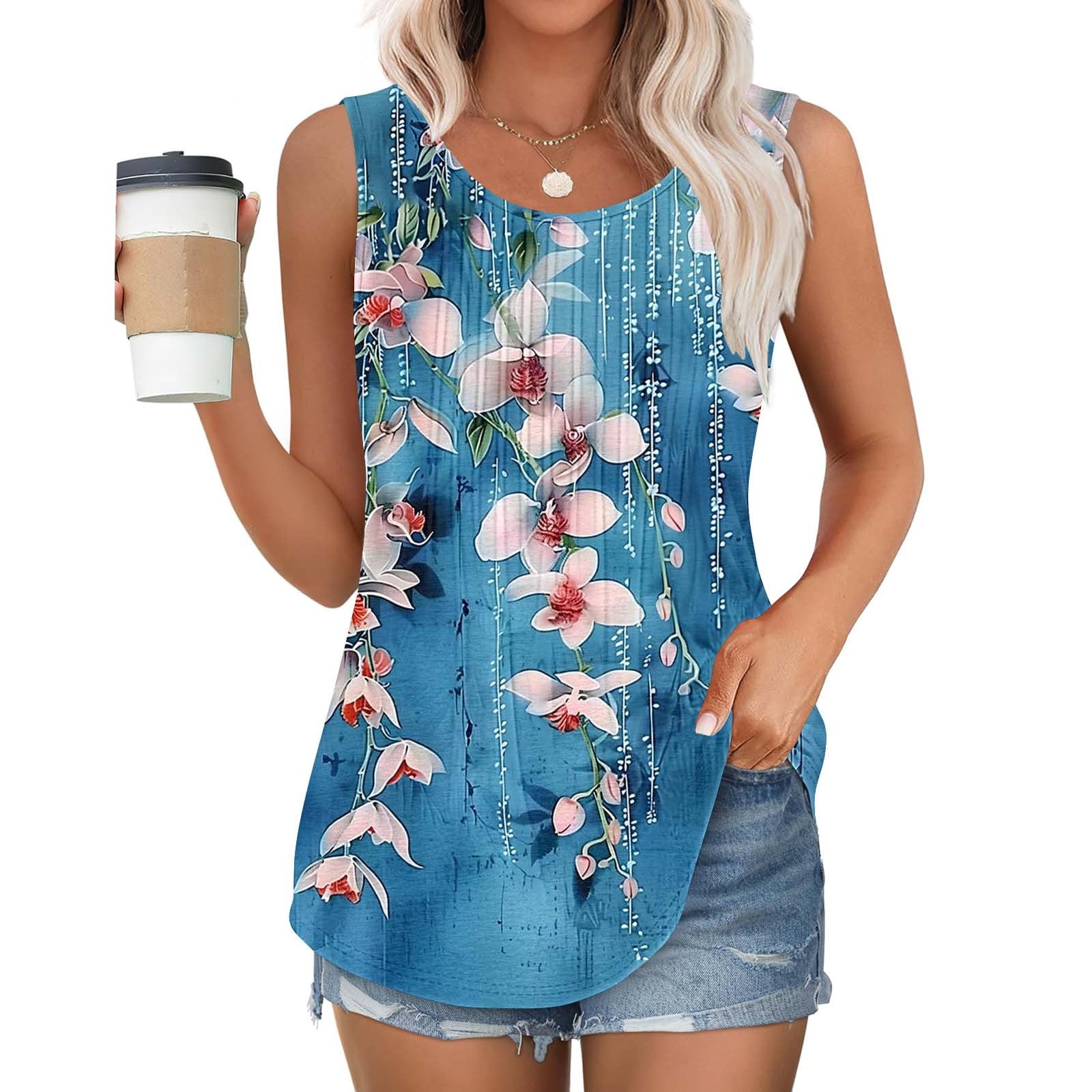 Fznquz Sleeveless Women's Tank Tops Casual Plus Size Tanks Curved Hem ...