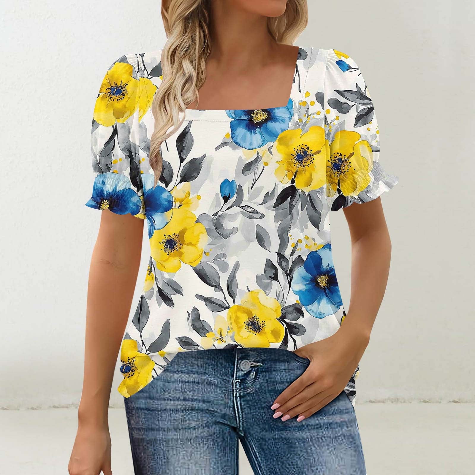 Fznquz Spring Tops for Women Summer Square Neck Formal Tops Puff Sleeve ...