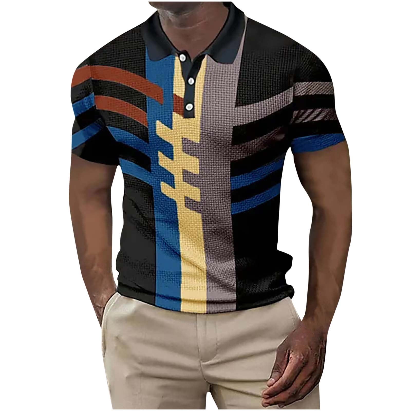 Fznquz Summer Mens Golf Polo Casual Yellow Stripe Polo Waffle Button ...