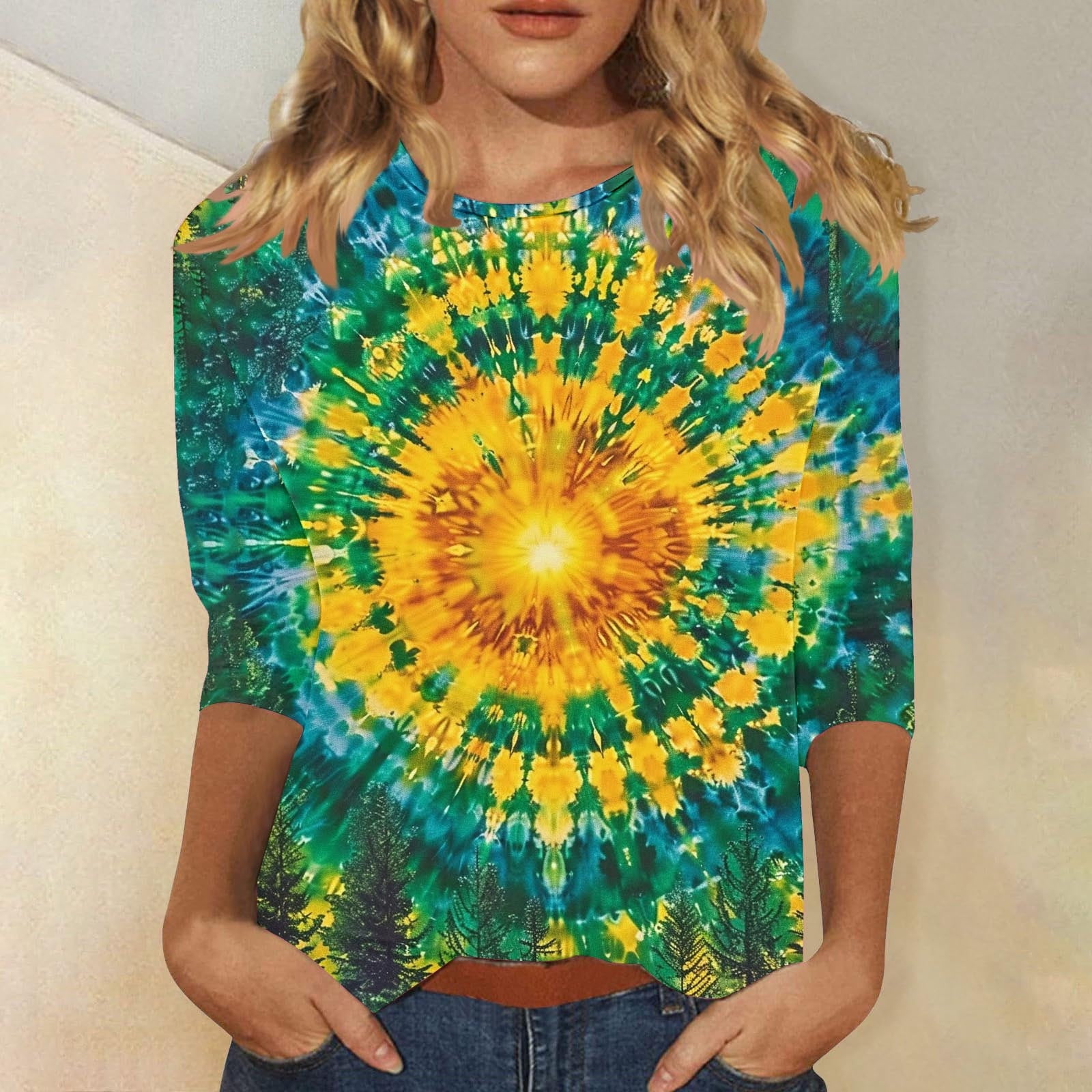 Fznquz T Shirts for Women 3/4 Sleeve Tie Dye Casual T Shirt 2025 Spring ...