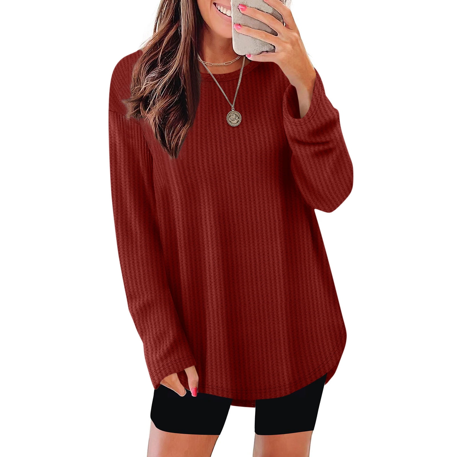 Fznquz Waffle Knit Blouses for Women Casual Crew Neck Long Sleeve Red ...