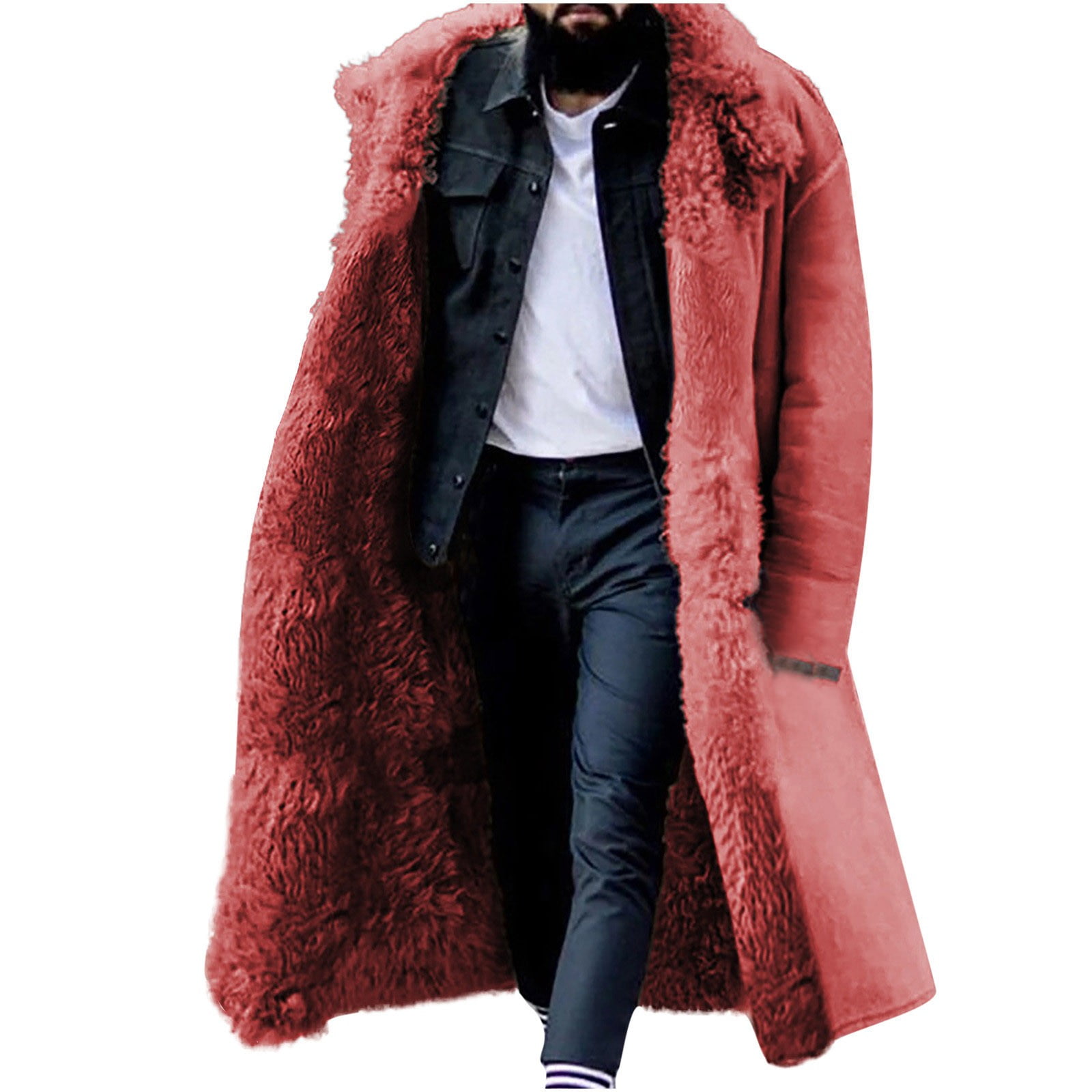 Fznquz Winter Jacket Men Red Overcoat Trench Coat Warm Padded Faux Fur ...
