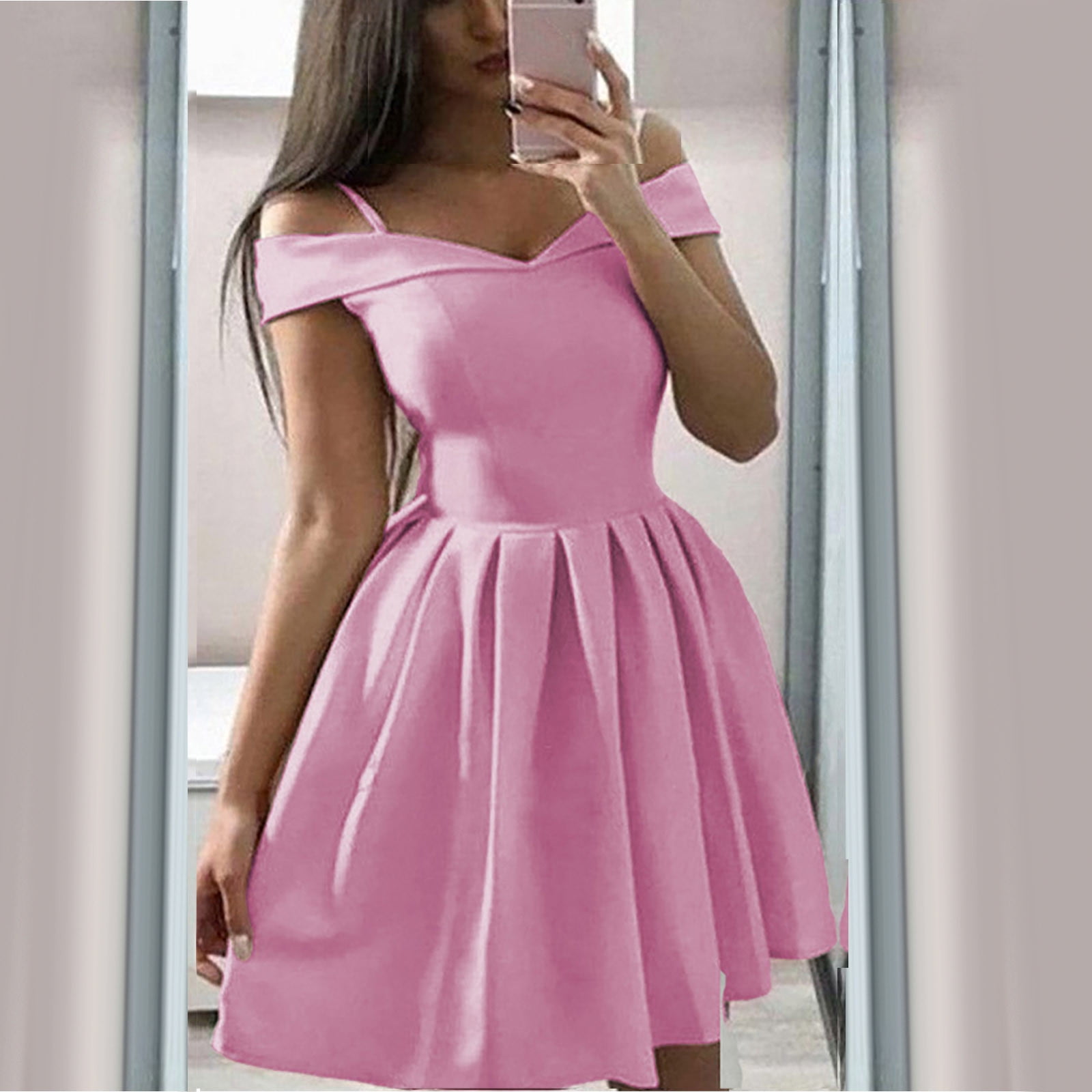 Fznquz Women's Summer Dresses Ruffle Hem Smocked Sexy Fashion Midi Pink ...
