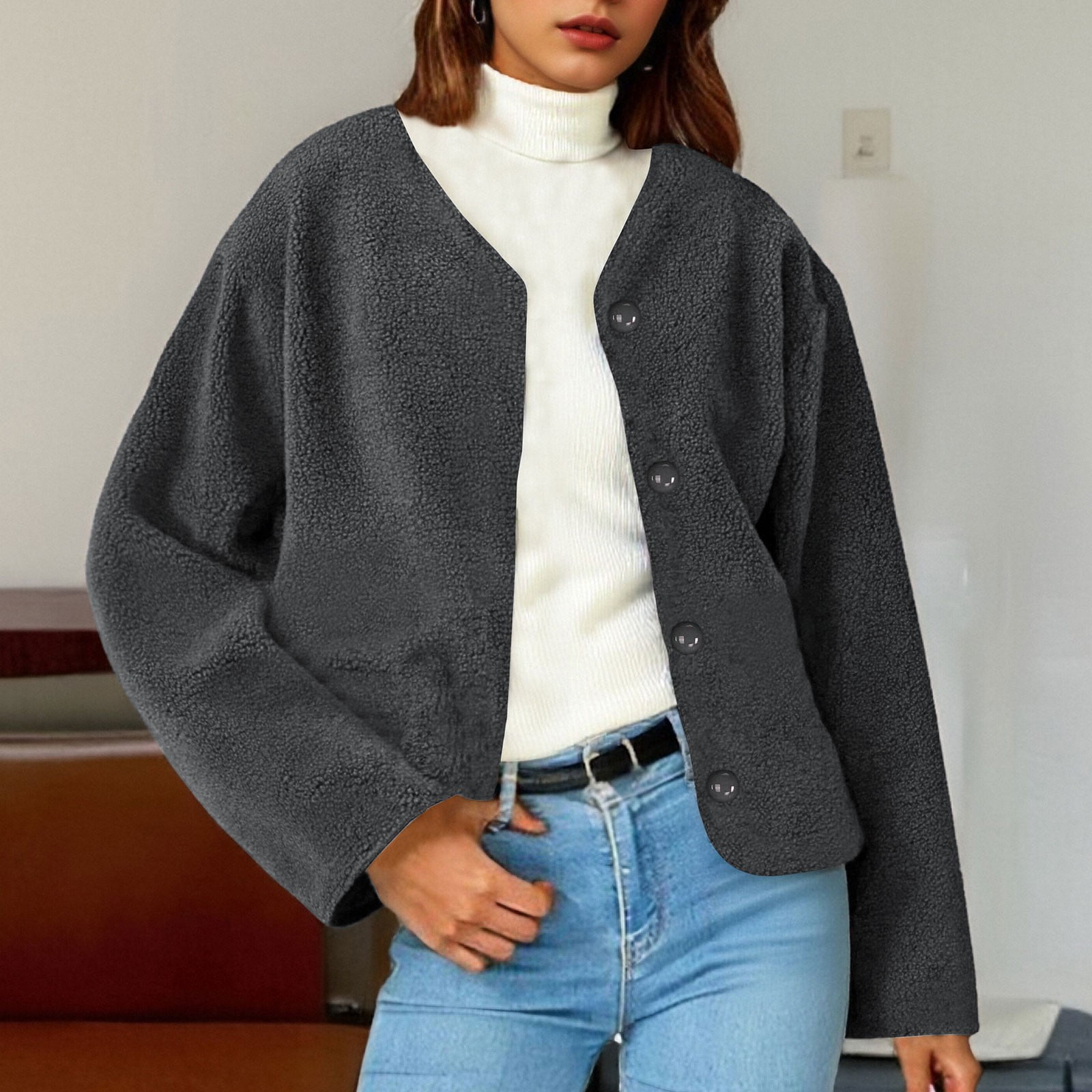 Fznquz Womens Fall Tops Casual Button Down Plain Gray T Shirts Loose ...