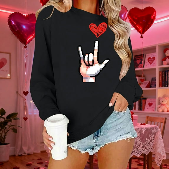 Fznquz Womens Long Sleeve Sweatshirt Valentine's Day Love Heart Cute ...