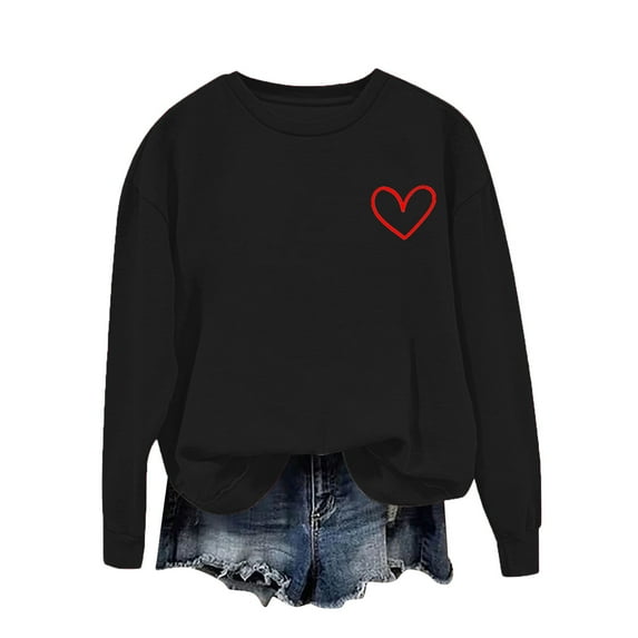 Fznquz Womens Top Love Graphic Sweatshirt Crewneck Black Tops Casual ...