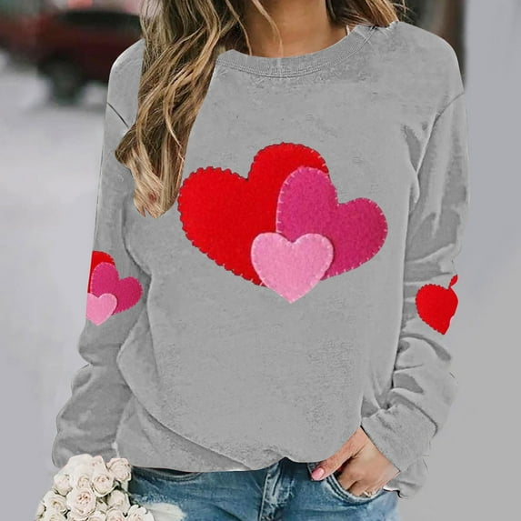 Fznquz Womens Valentines Sweatshirt Oversized Heart Graphic Outfit Cute ...