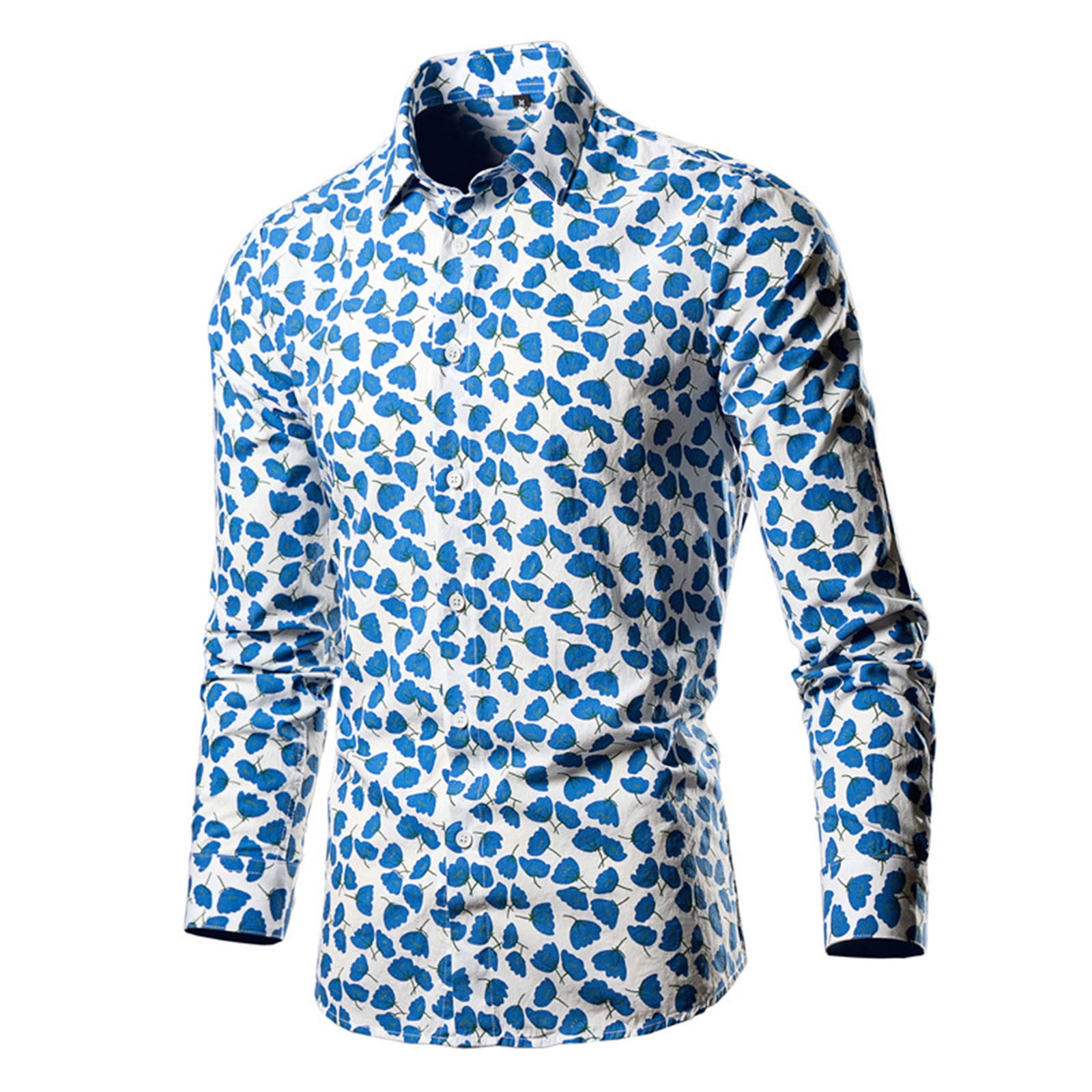 Fznquz Work Button Up Shirt Men Long Sleeve Blue Dress Shirt Floral ...